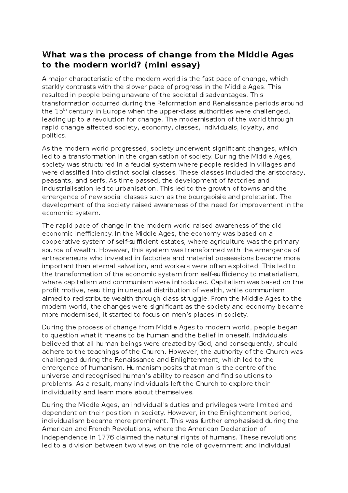 History Essay Yr11: Transition from Middle Ages to Modernity - Studocu
