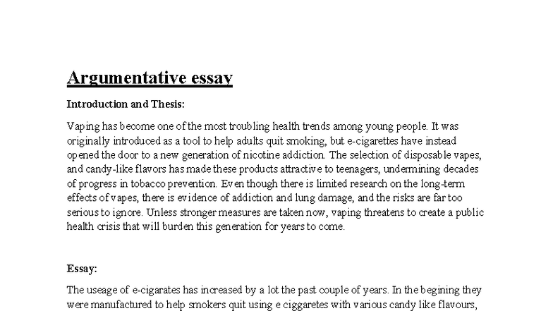 Argumentative Essay: Vaping's Impact on Youth Health Trends - Studocu