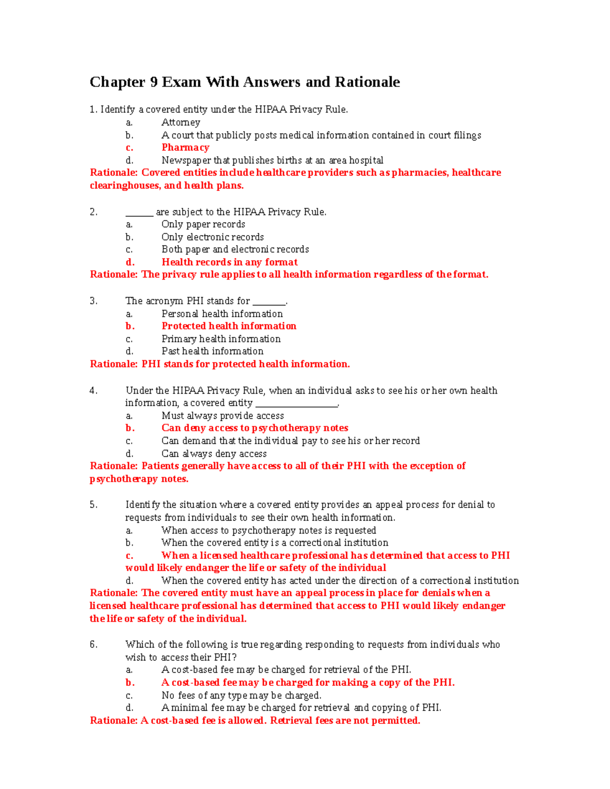 HIPA 101: Chapter 9 Exam Answers & Rationale Guide - Studocu