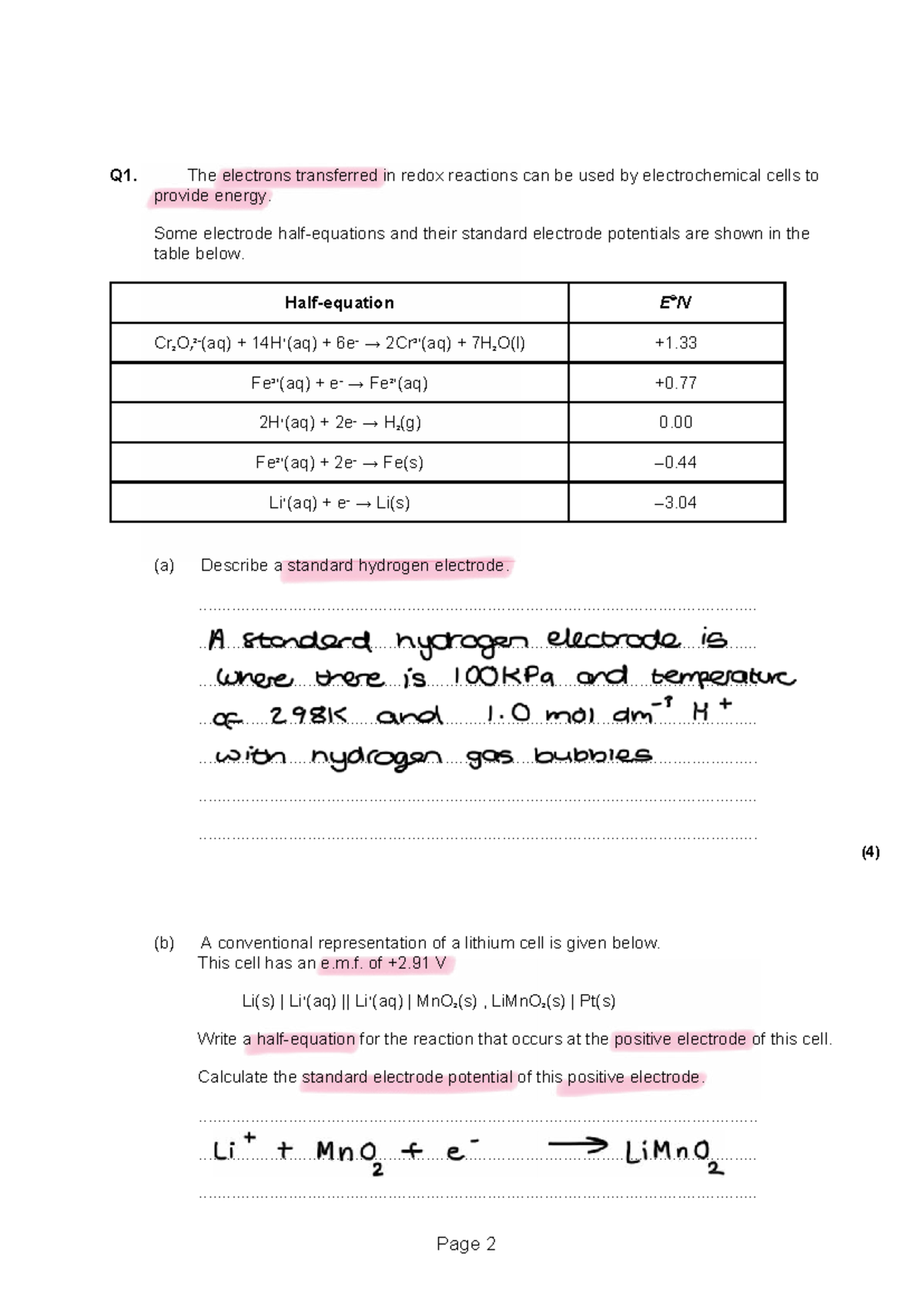 Electrode Potentials & Cells 4 QP: Redox Reactions and E.M.F ...