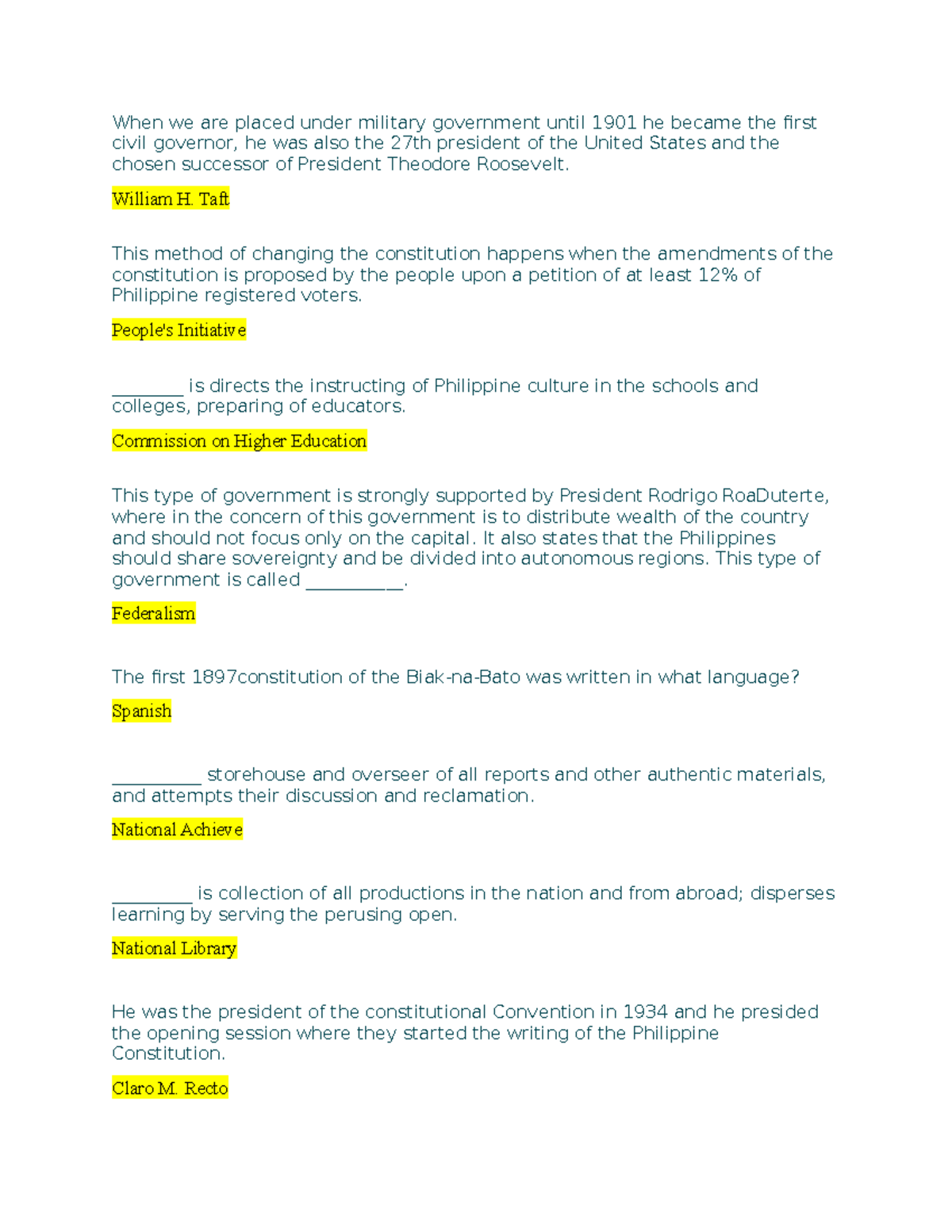 Philippine History Final Quiz 1: Key Concepts and Terms - Studocu