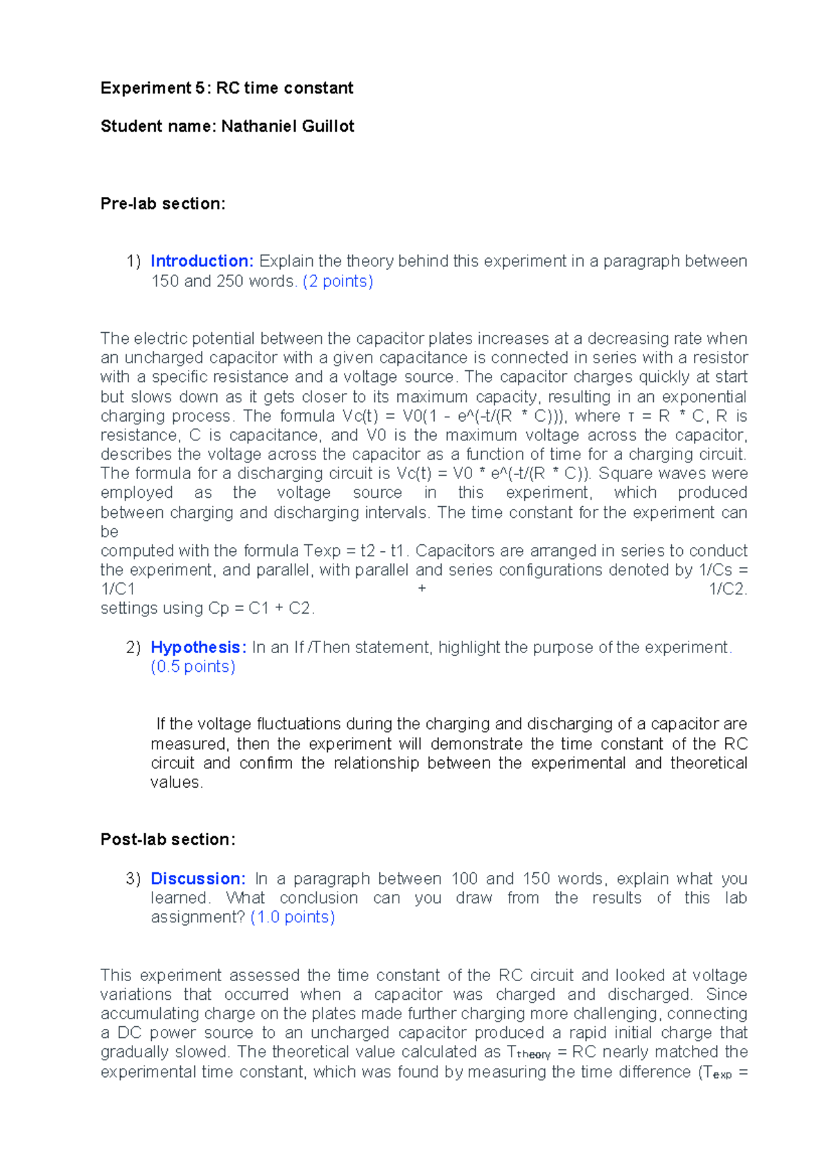 NGReport 5-2: RC Time Constant Lab Report by Nathaniel Guillot - Studocu