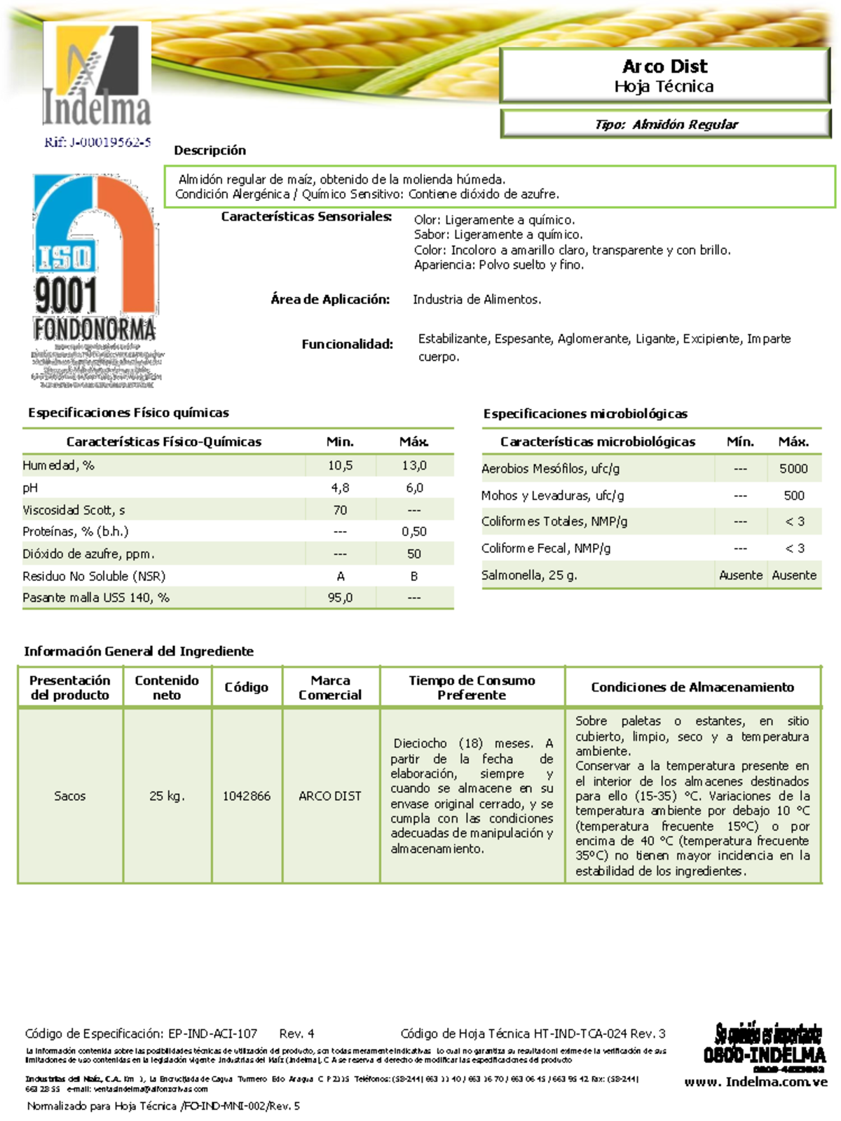 Hoja Técnica: Almidón Regular de Maíz - Indelma (Código HT-IND-TCA-024 ...
