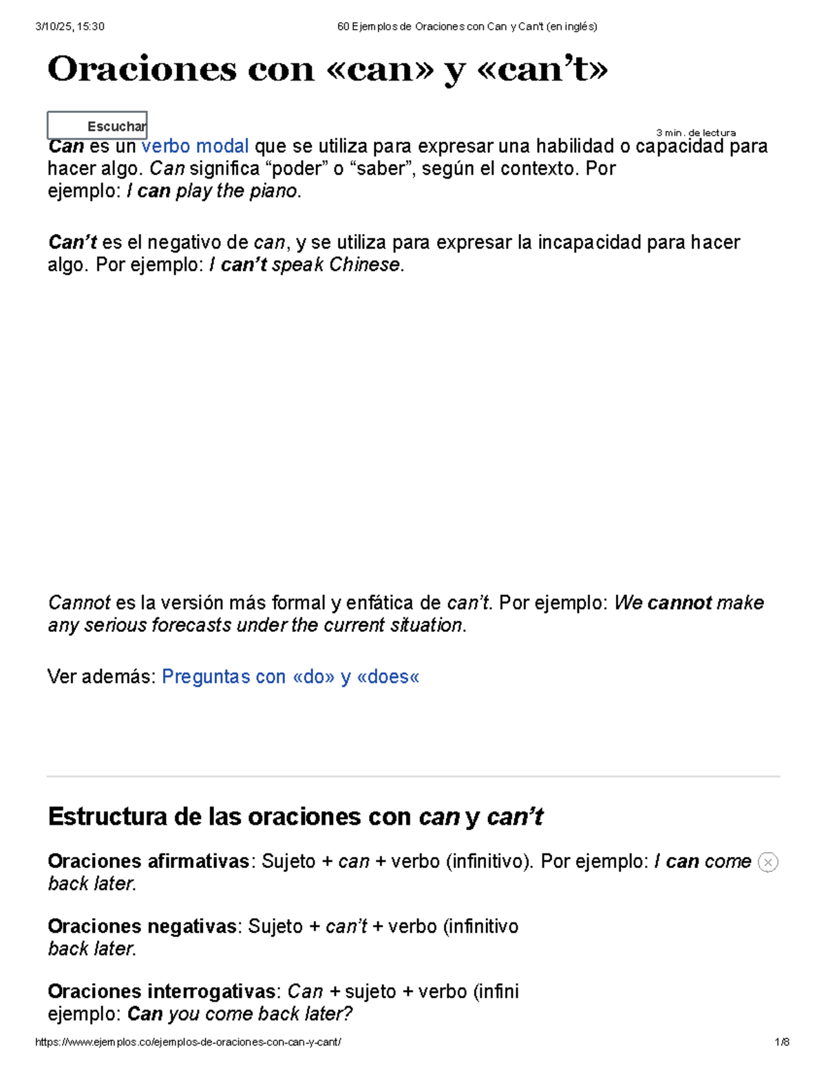 60 Ejemplos de Oraciones con Can y Can't (Inglés) - Studocu