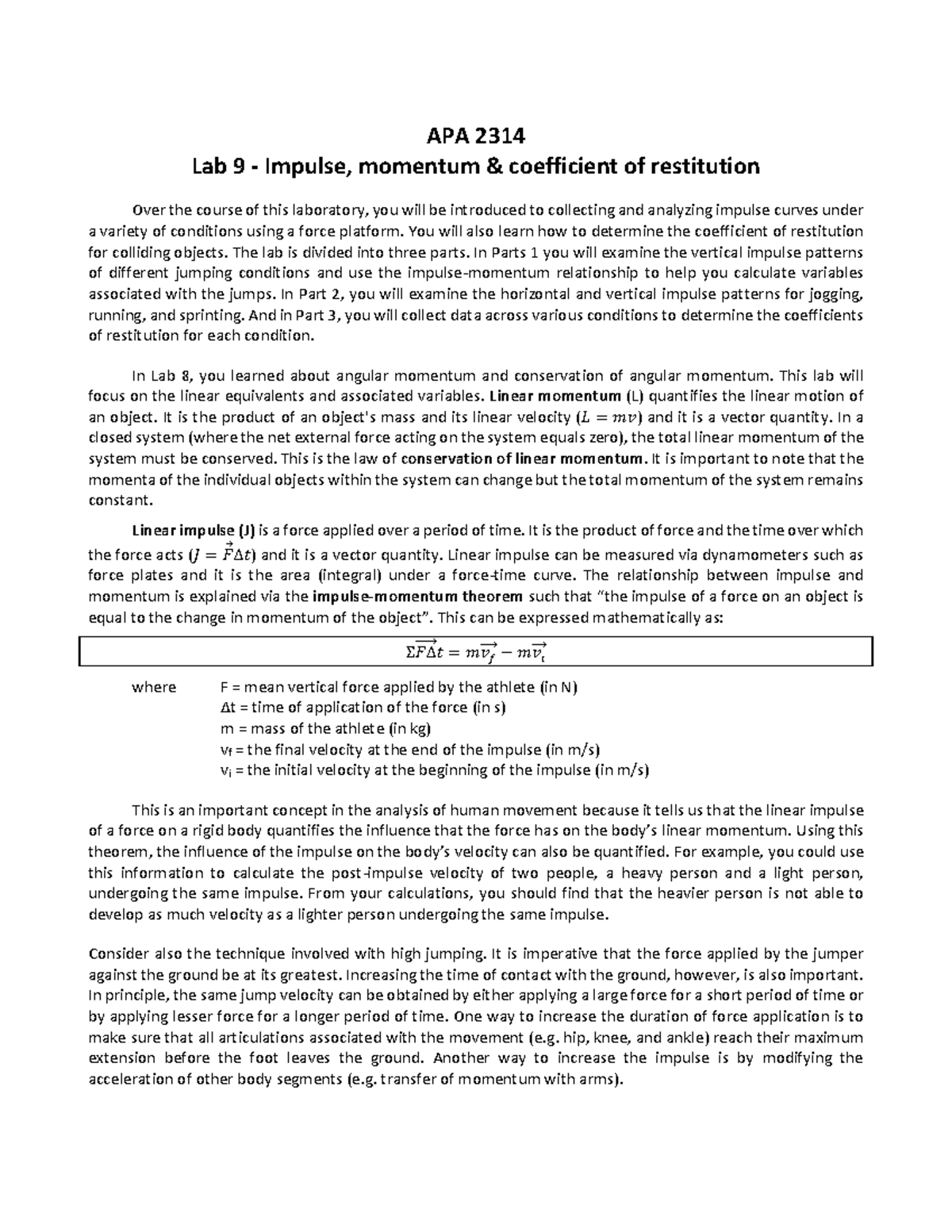APA 2314 Lab 9: Impulse, Momentum & Coefficient of Restitution Analysis ...