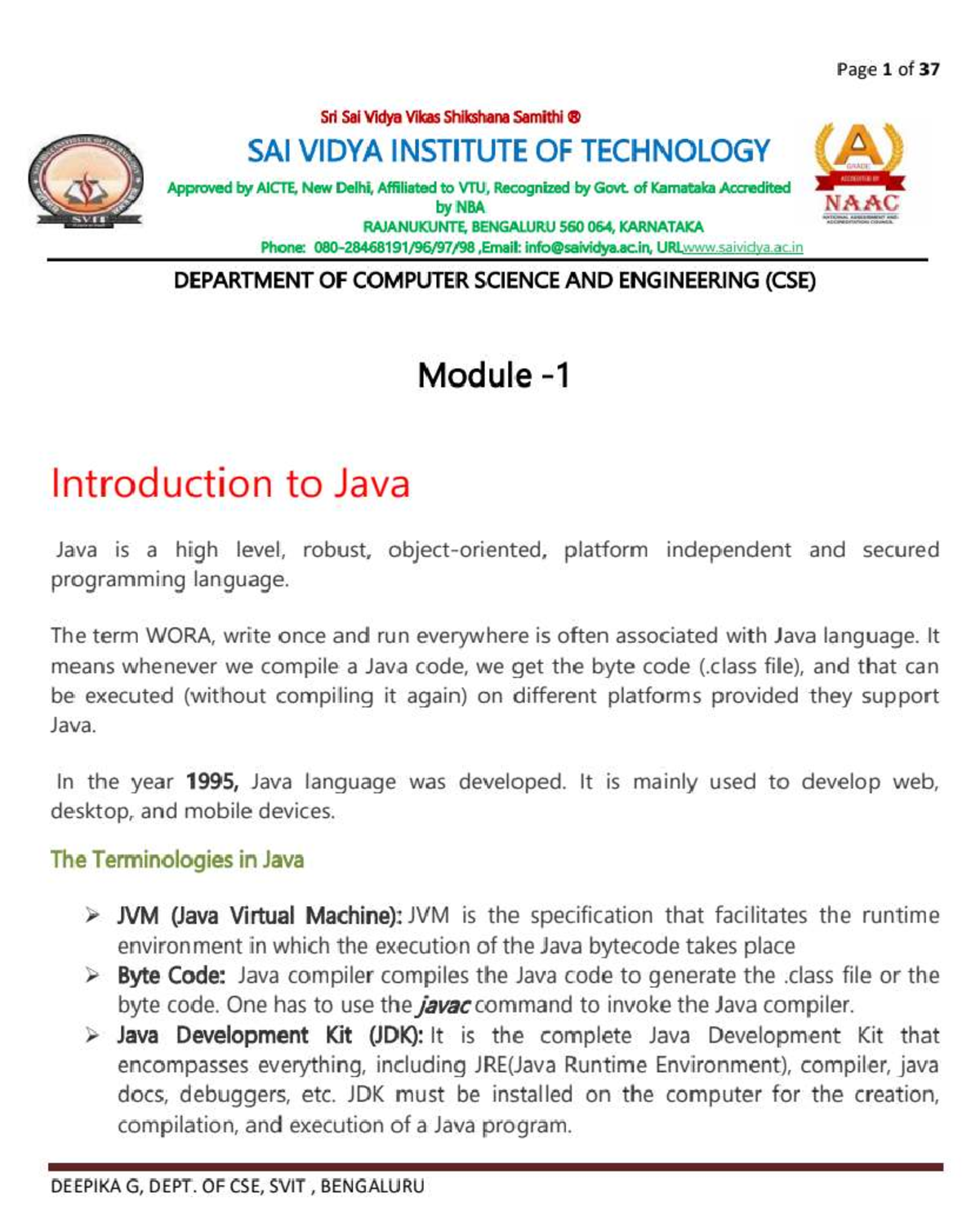 Module 1: Java Programming Notes for CSE 1600 - SVIT Bengaluru - Studocu