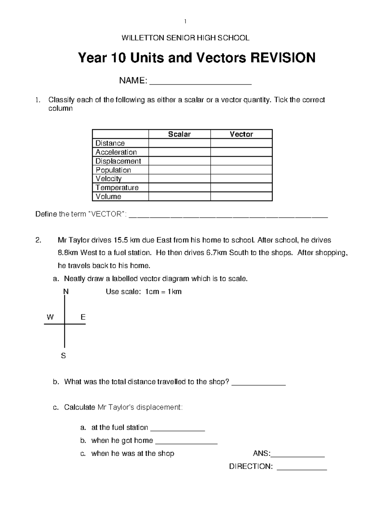 Units and Vectors revision PW 1 2024 - 1 WILLETTON SENIOR HIGH SCHOOL ...