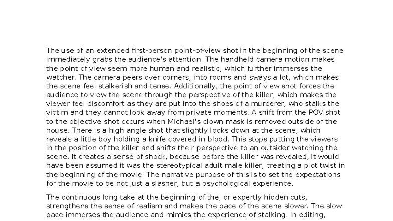 Analysis of Cinematic Techniques in Horror: Extended Shots & POV - Studocu