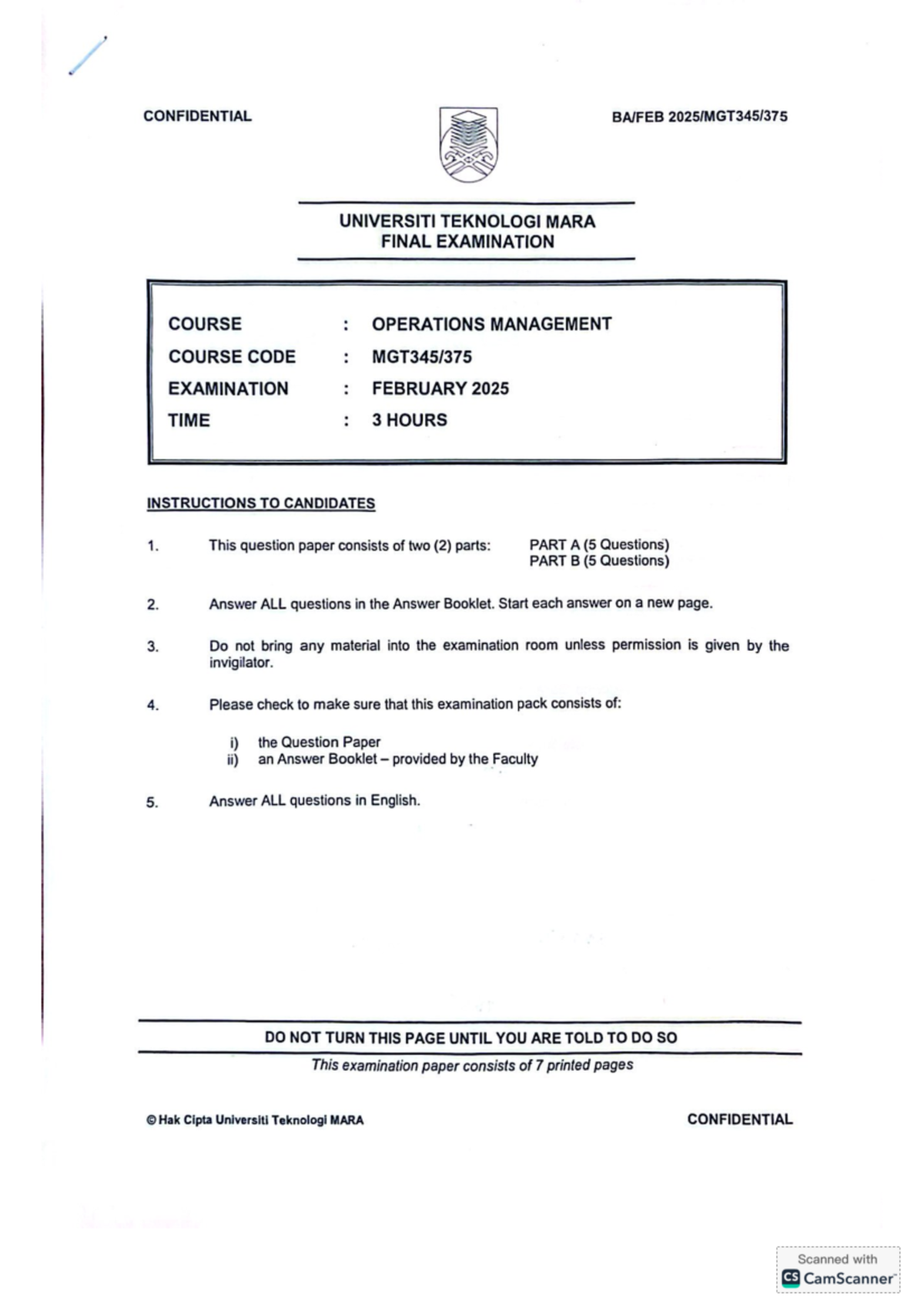 MGT345 Final Exam February 2025: Operations Management Past Paper - Studocu