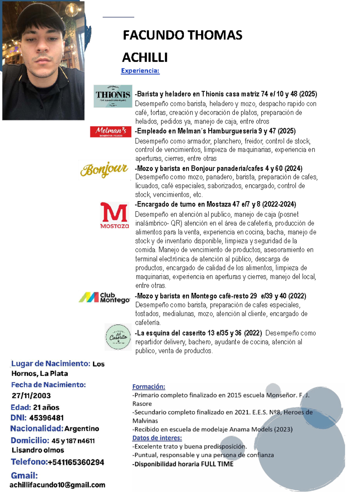 CV de Experiencia Laboral de Facundo Thomas Achilli (2025) - Studocu