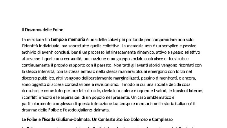 Foibe: Memoria e Storia di un Dramma Italiano - Appunti - Studocu