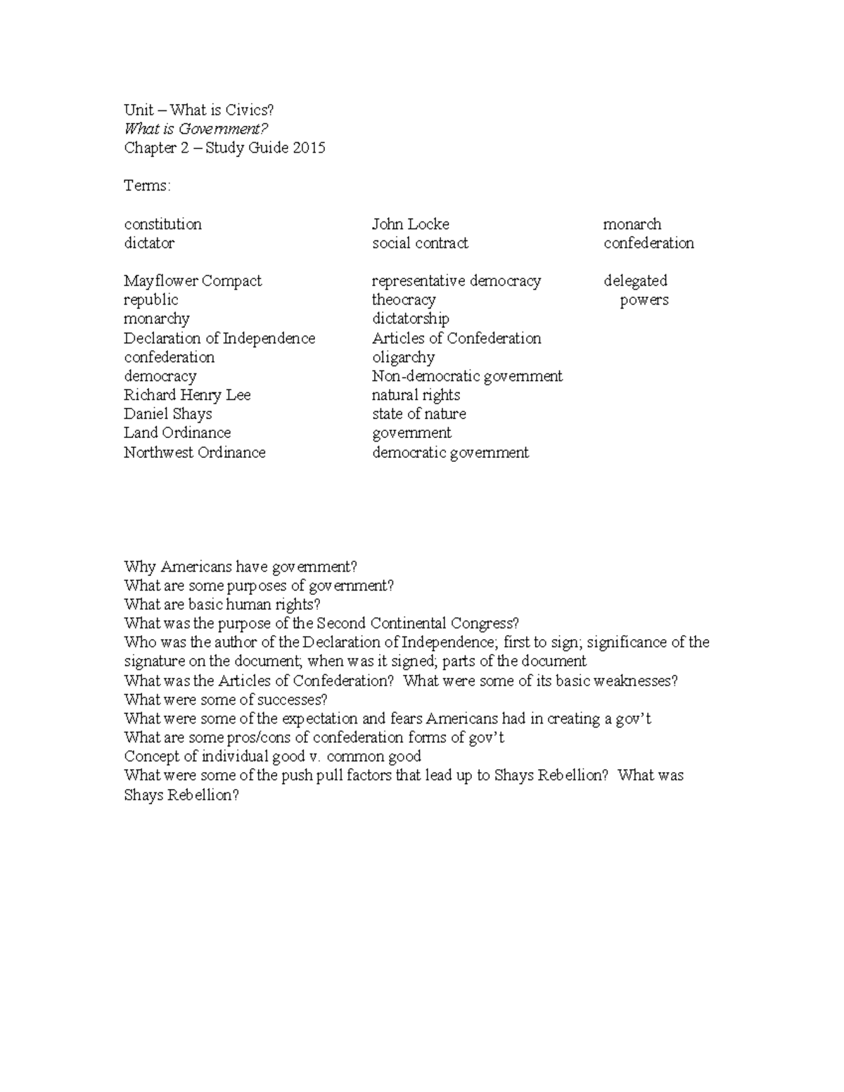 Civics Chapter 2 Study Guide (2015) - Key Terms & Concepts - Studocu