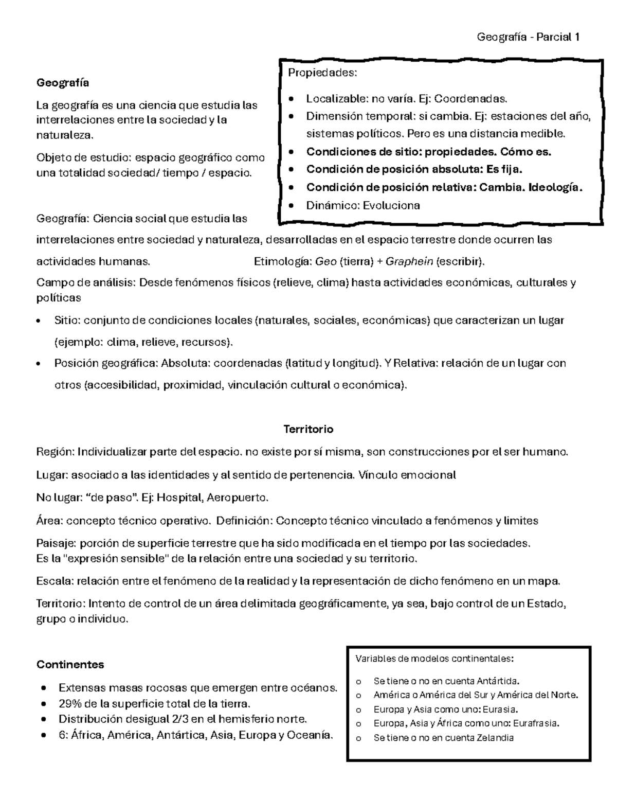 Geografía - Parcial 1: Propiedades y Dinámicas del Espacio Geográfico ...
