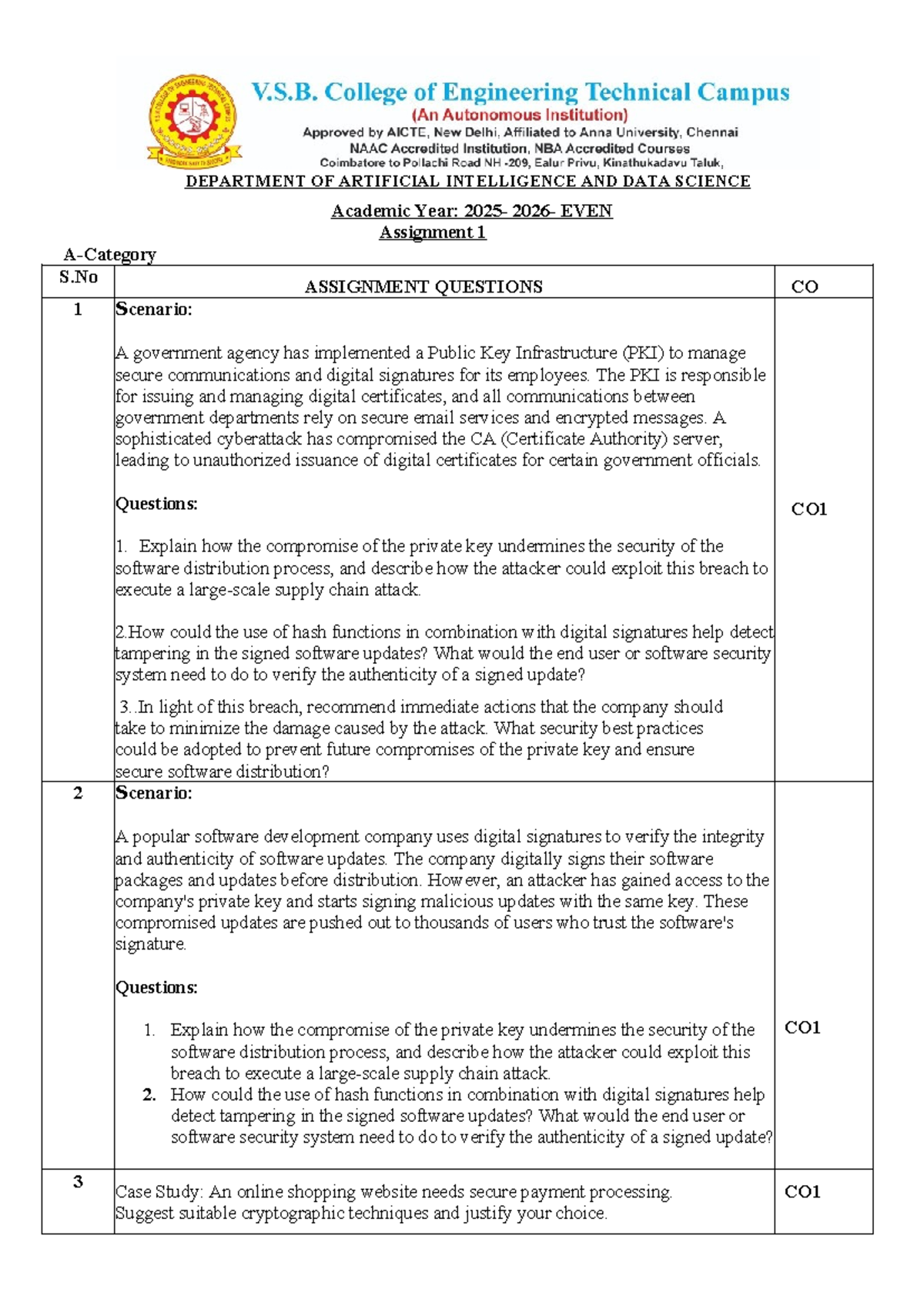 AI & Data Science - Assignment 1: Cryptography & Network Security CO1 ...