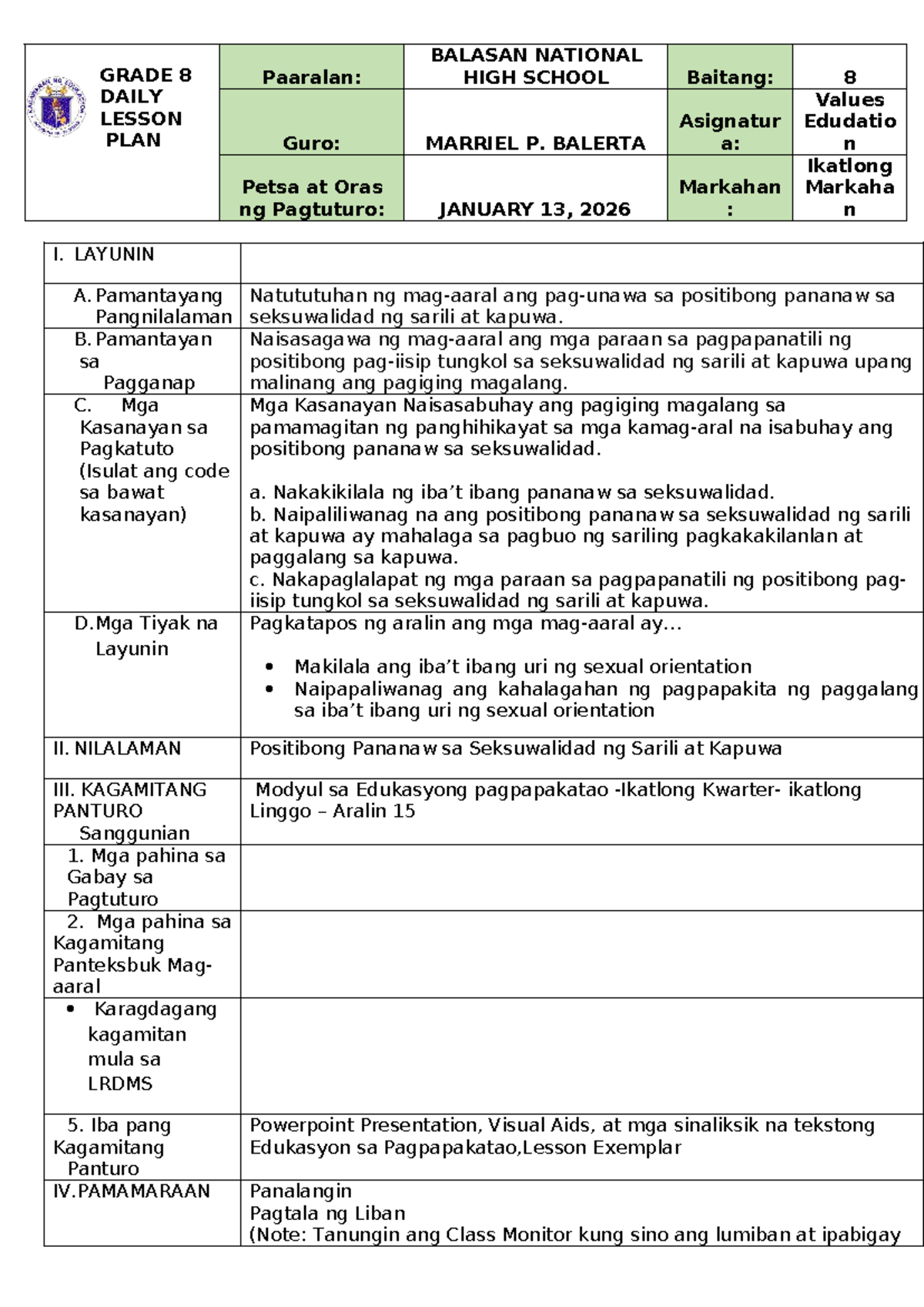 GRADE 8 VALUES EDUCATION DAILY LESSON PLAN - JANUARY 13, 2026 - Studocu