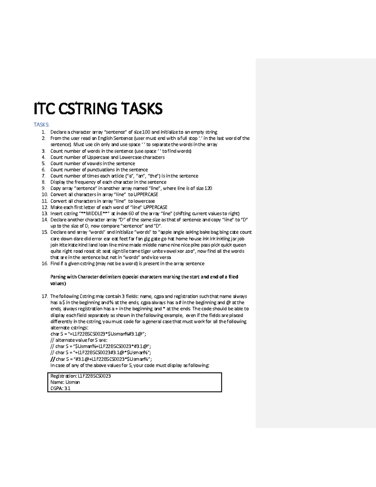 ITC Final Exam Question Set on Cstring Tasks and Programming Concepts ...