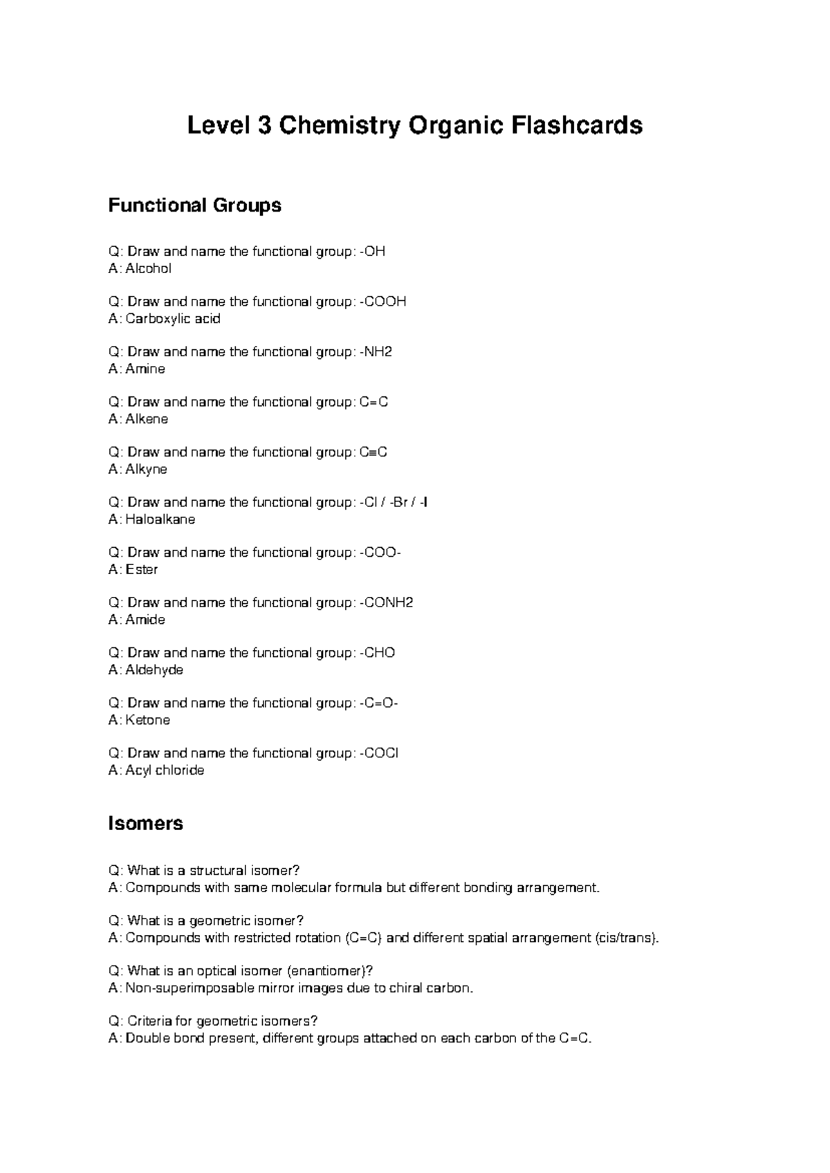 Level 3 Chemistry Organic Flashcards: Functional Groups & Reactions ...