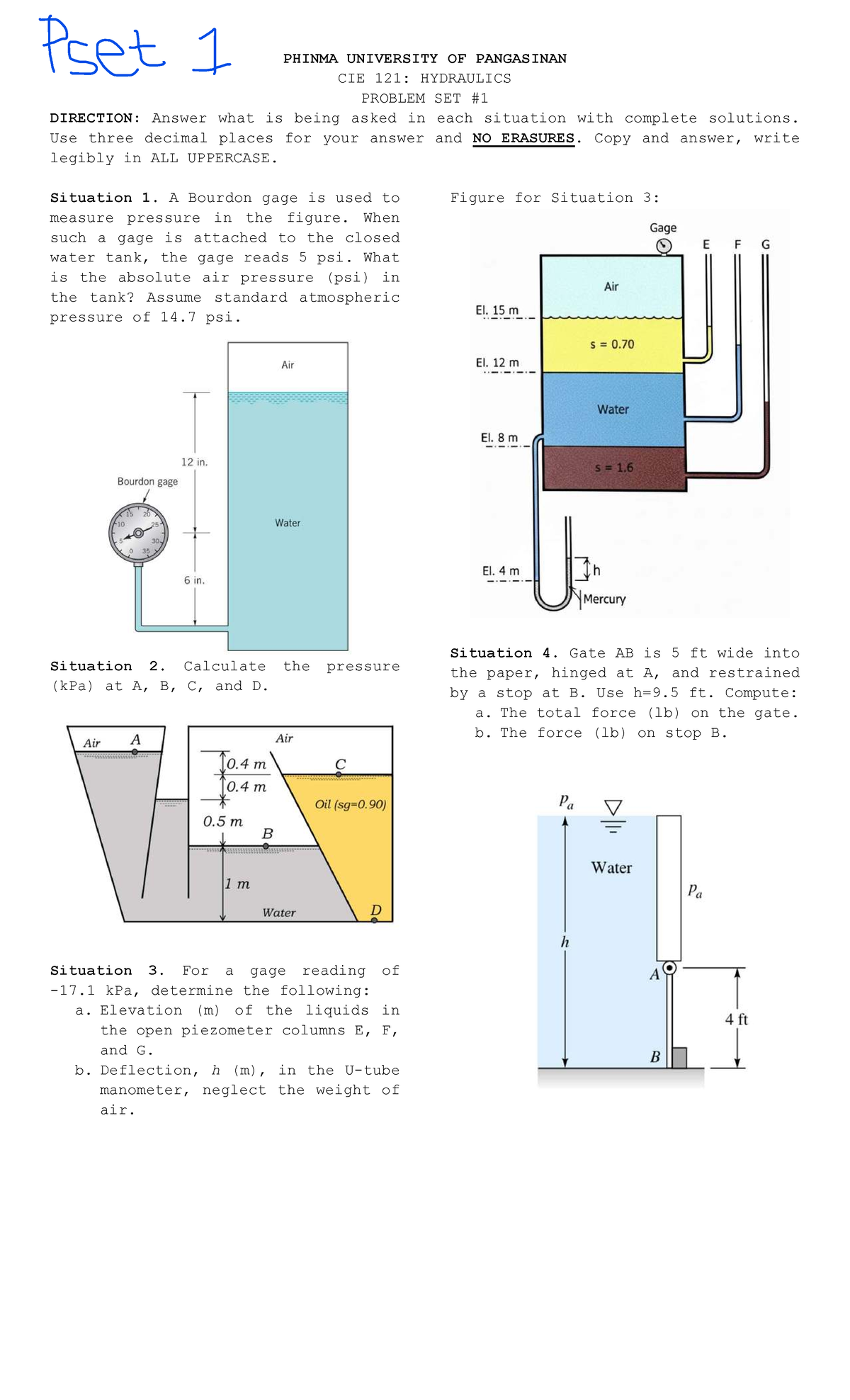 CIE 121: HYDRAULICS PROBLEM SET 1 - PRACTICE PROBLEMS - Studocu