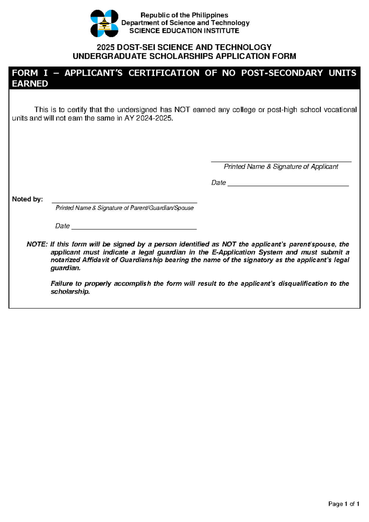 2025 DOST-SEI Undergrad Scholarship Form I - Applicant's Certification - Studocu