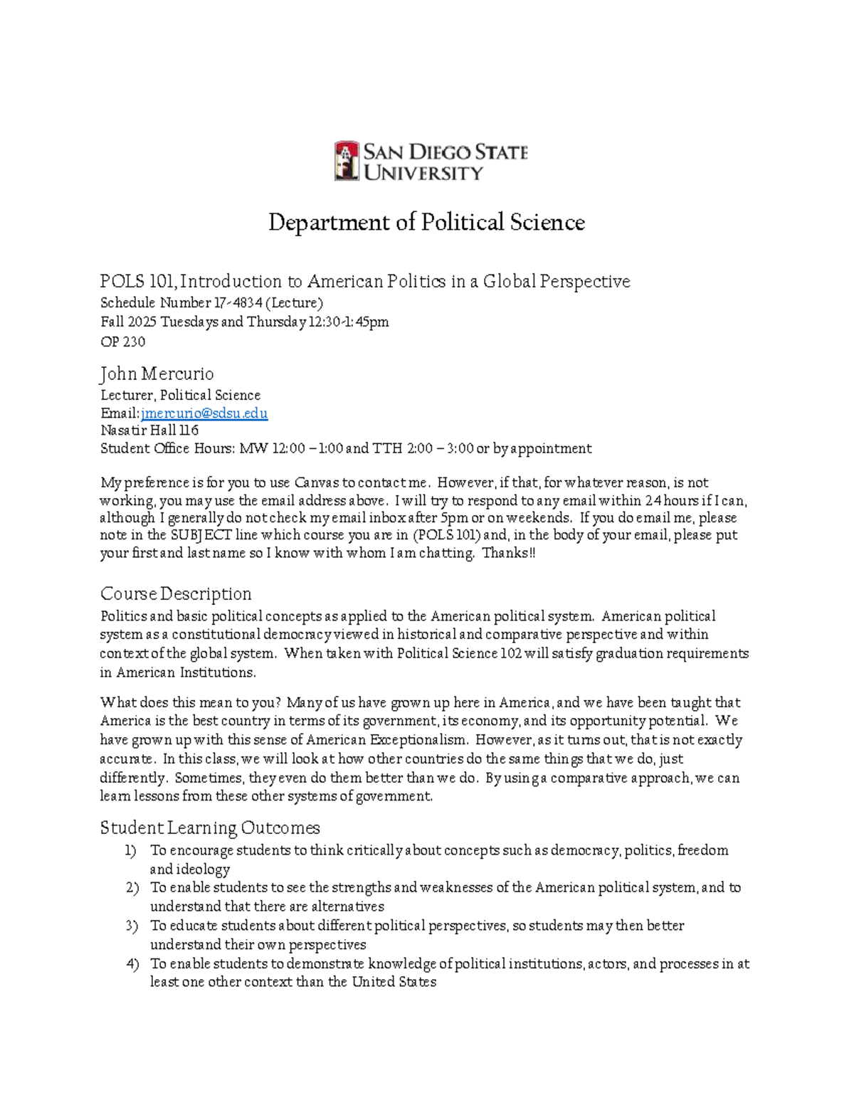 POLS 101: Syllabus & Course Guide for Introduction to American Politics ...