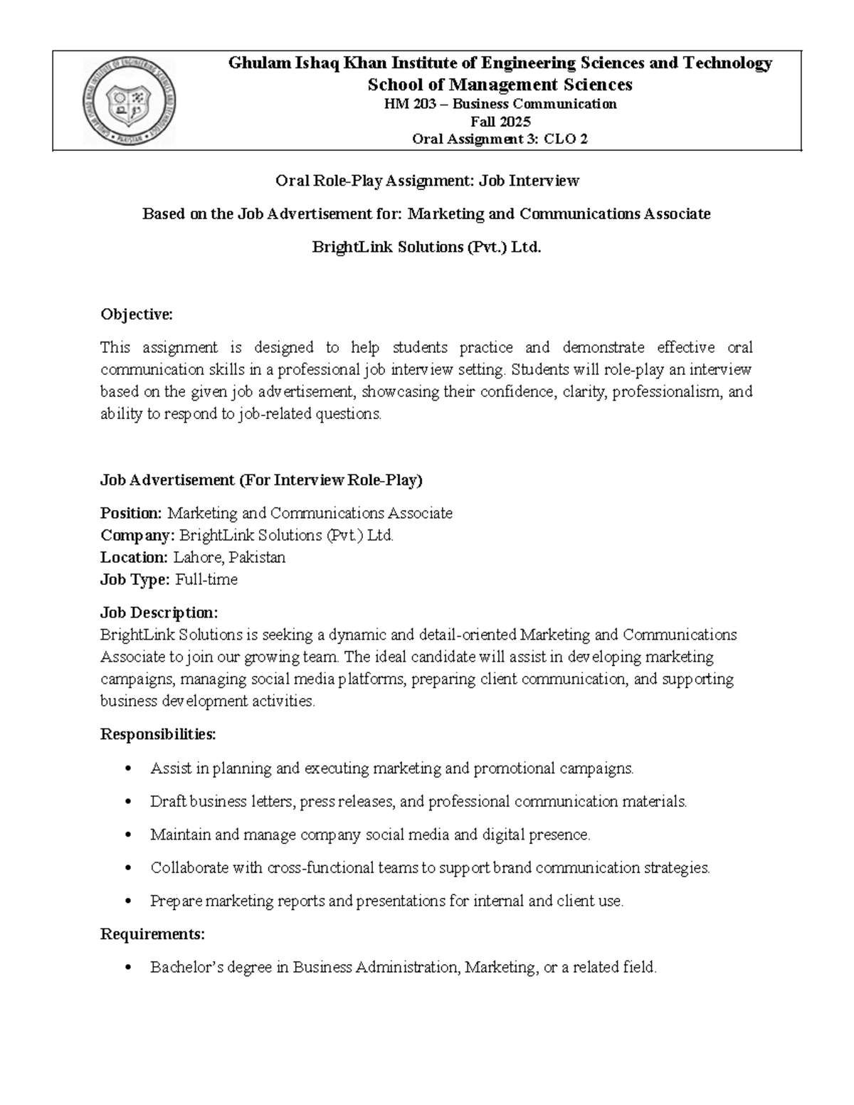 HM 203 Business Communication Fall 2025: Oral Assignment 3 - Job ...