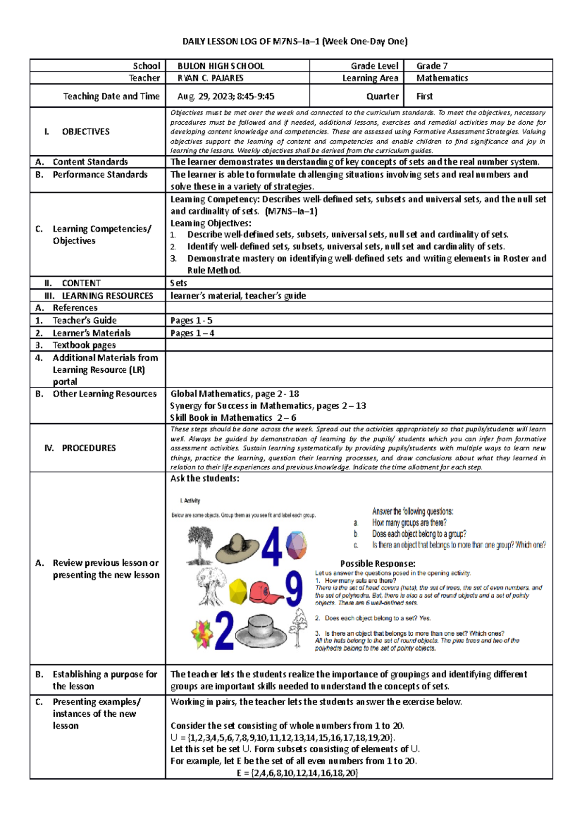 I-DAY 1 - Lesson Plan For Math 7 - DAILY LESSON LOG OF M7NS–Ia–1 (Week ...