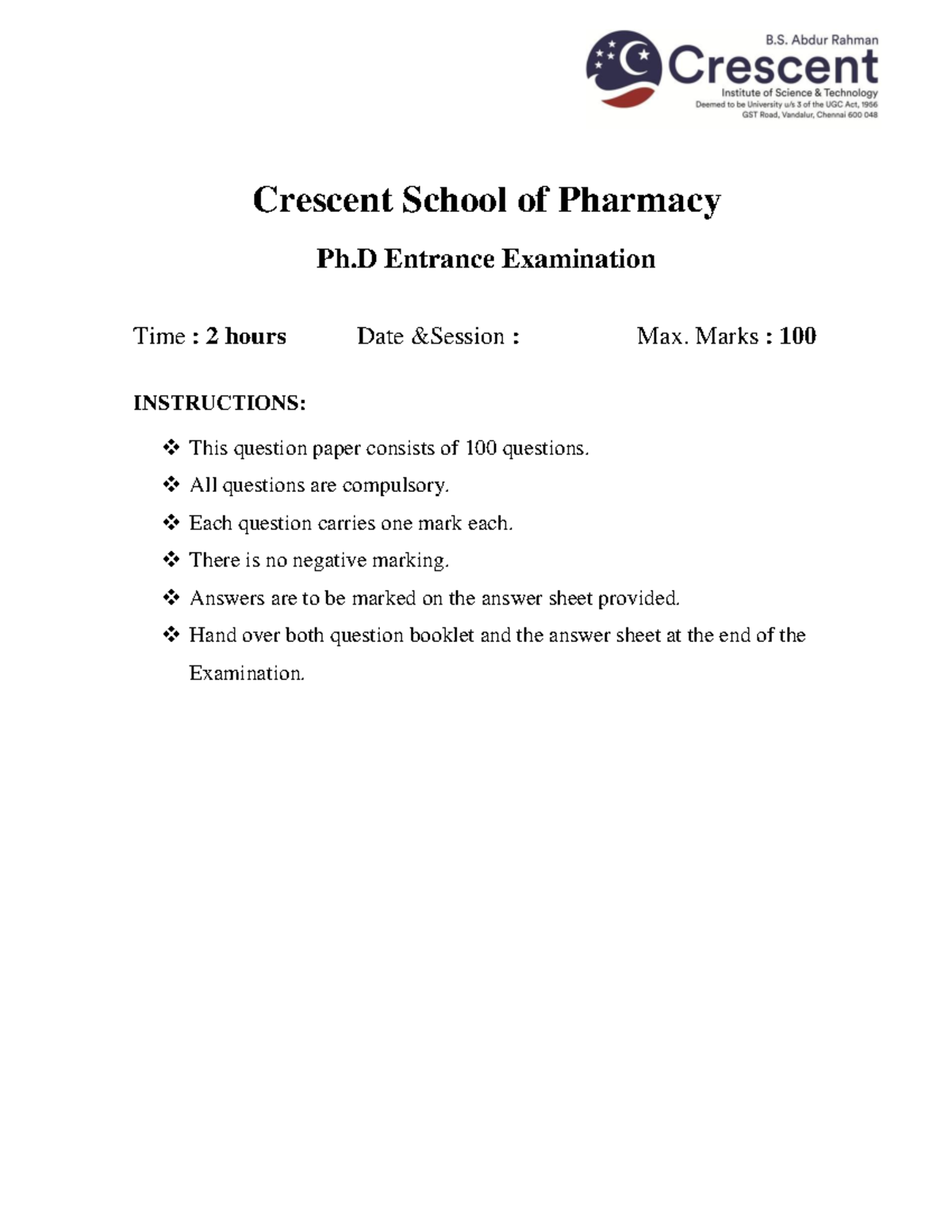 PhD Entrance Exam Set 1: Pharmacy Question Paper with Answers - Studocu