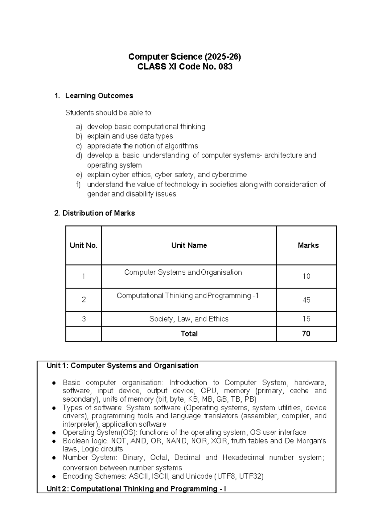 Computer Science CLASS XI Code No. 083: Syllabus Overview and Learning ...
