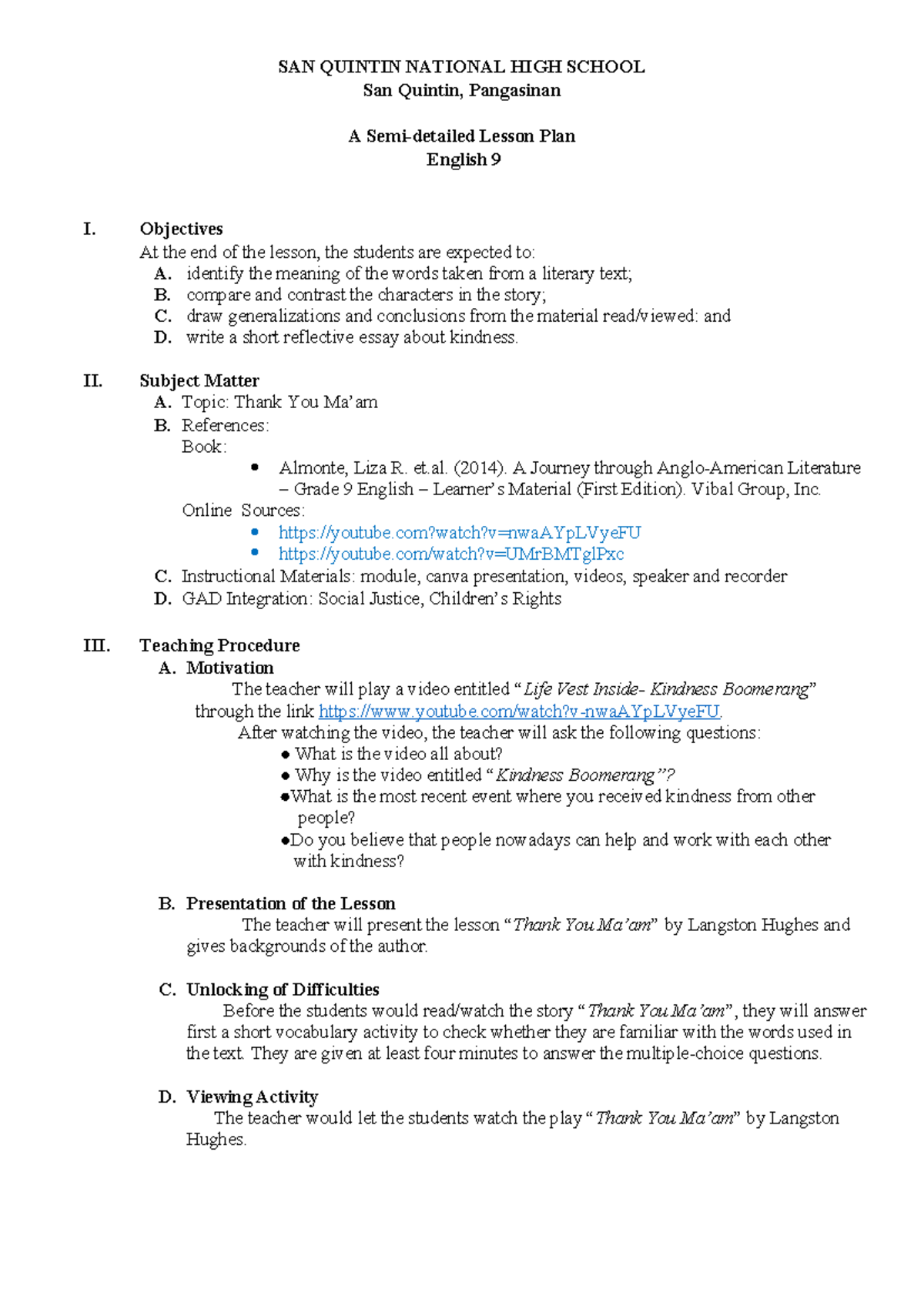 Lesson Plan: Thank You Ma'am - English 9 (SAN QUINTIN) - Studocu
