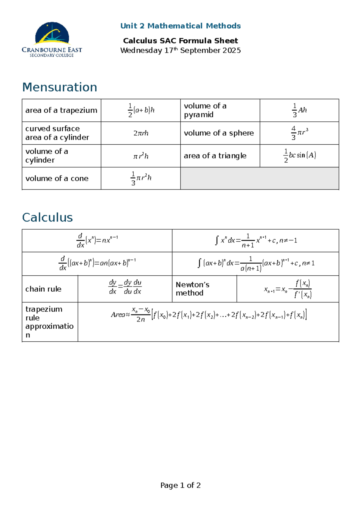 2025 Mathematical Methods Unit 2 - Calculus SAC Formula Sheet - Studocu