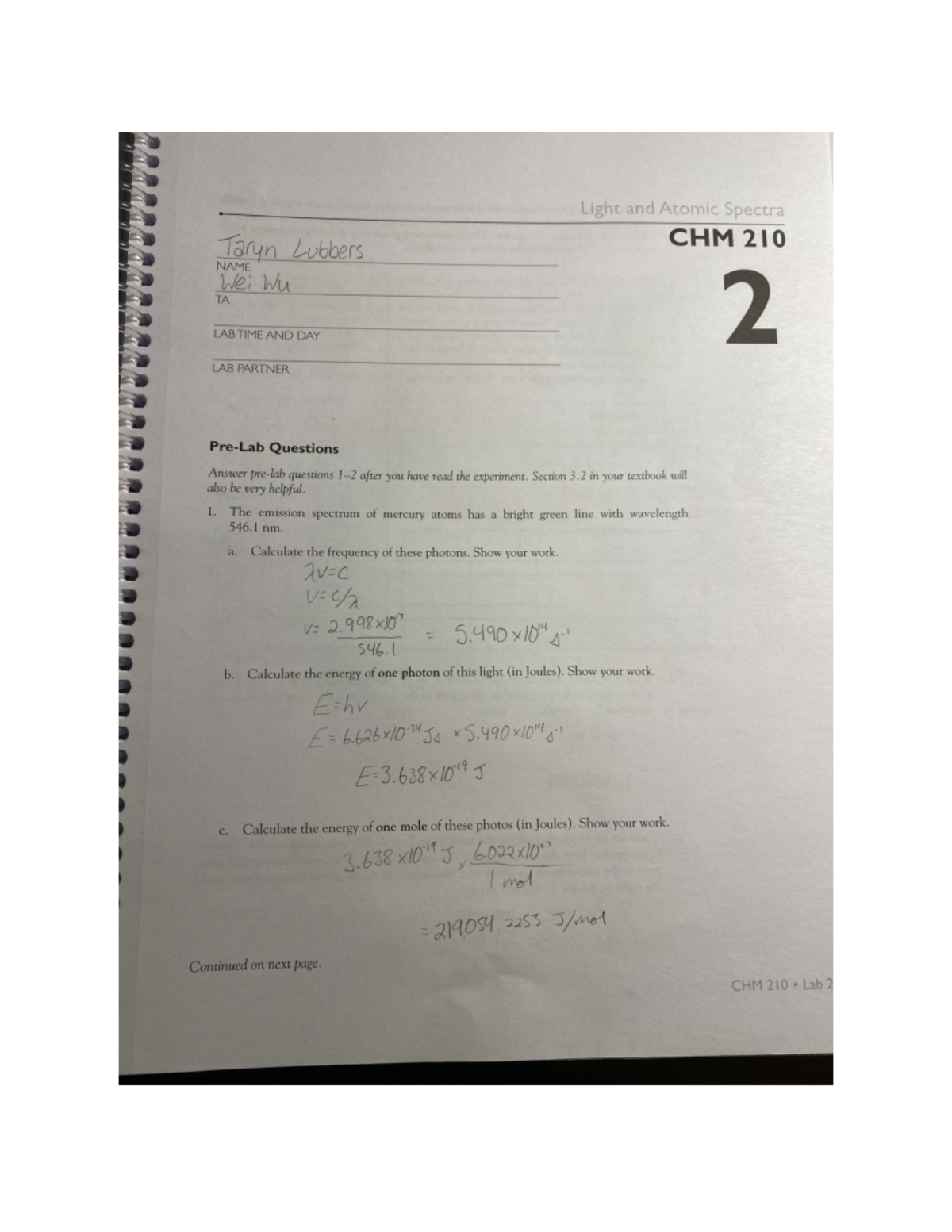 CHM lab 2 - lab 2 answers; CHM 210 - Light and Atomic Spectra Taryn ...