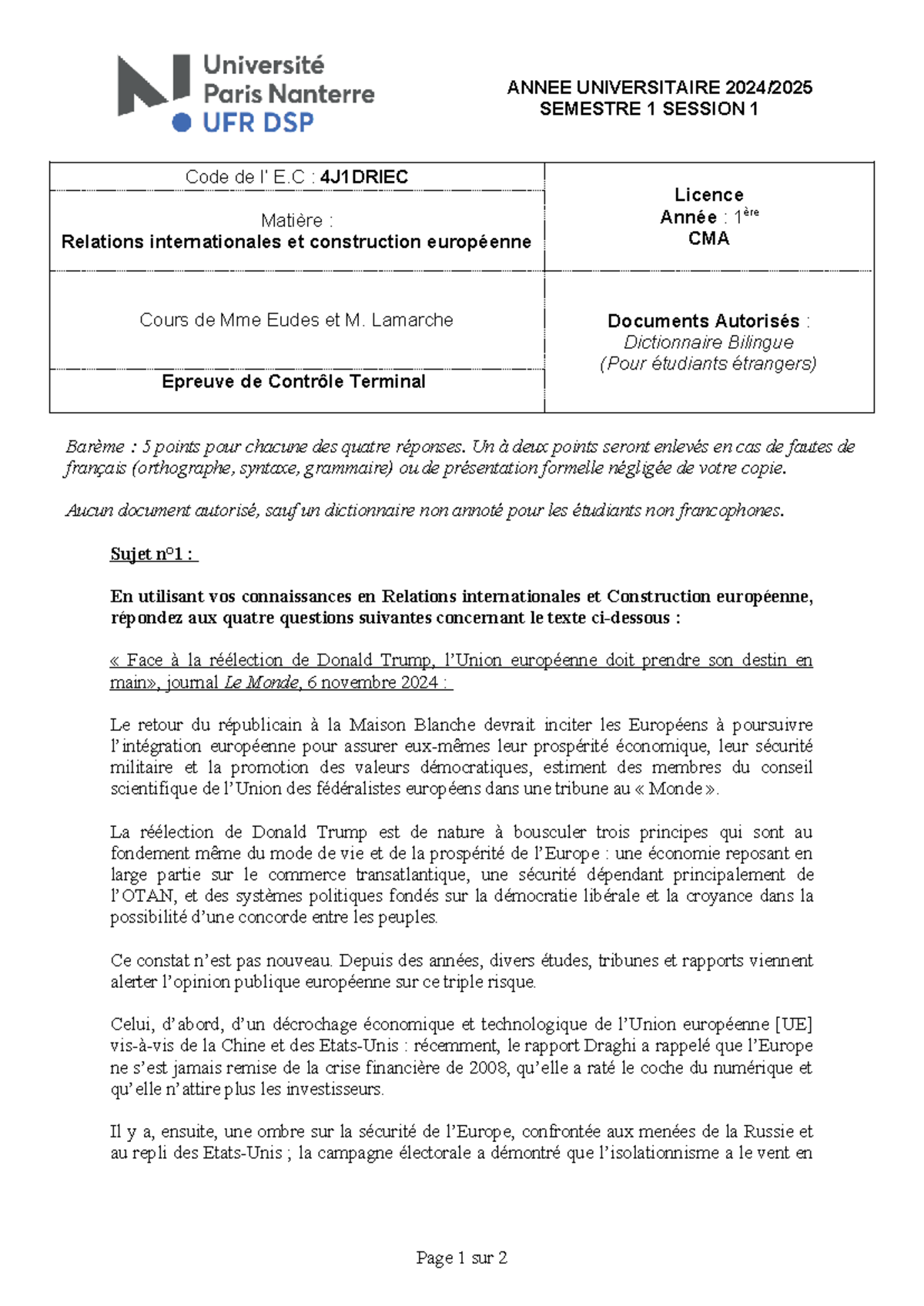 Sujet 1 RICE CMA 2024-2025 : Éléments de Correction et Analyse - Studocu