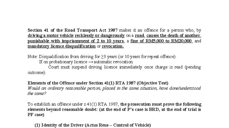 Criminal 1 - Section 41 RTA 1987: Reckless Driving Offences Notes - Studocu