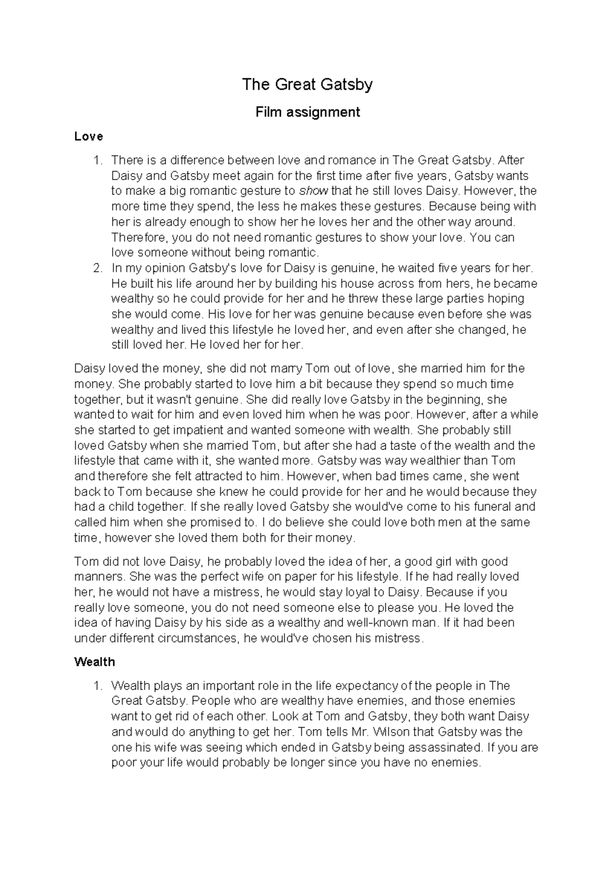 The Great Gatsby Film Assignment: Exploring Love and Wealth Dynamics ...