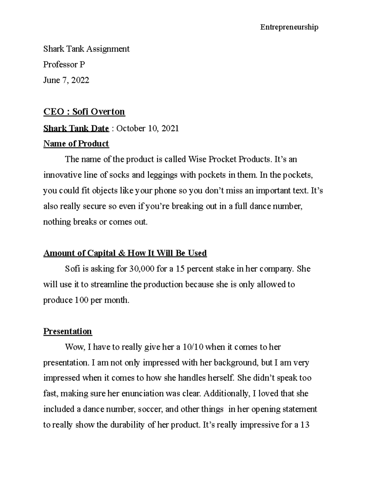 Shark Tank Assignment 2: Wise Procket Products Analysis - Studocu