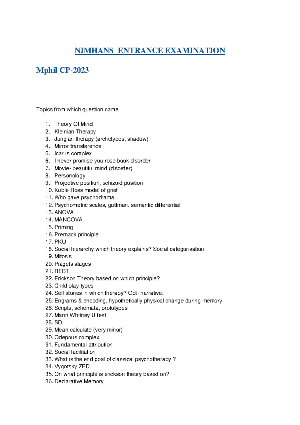 NIMHANS MPhil Entrance Exam: Key Topics & Questions Overview - Studocu