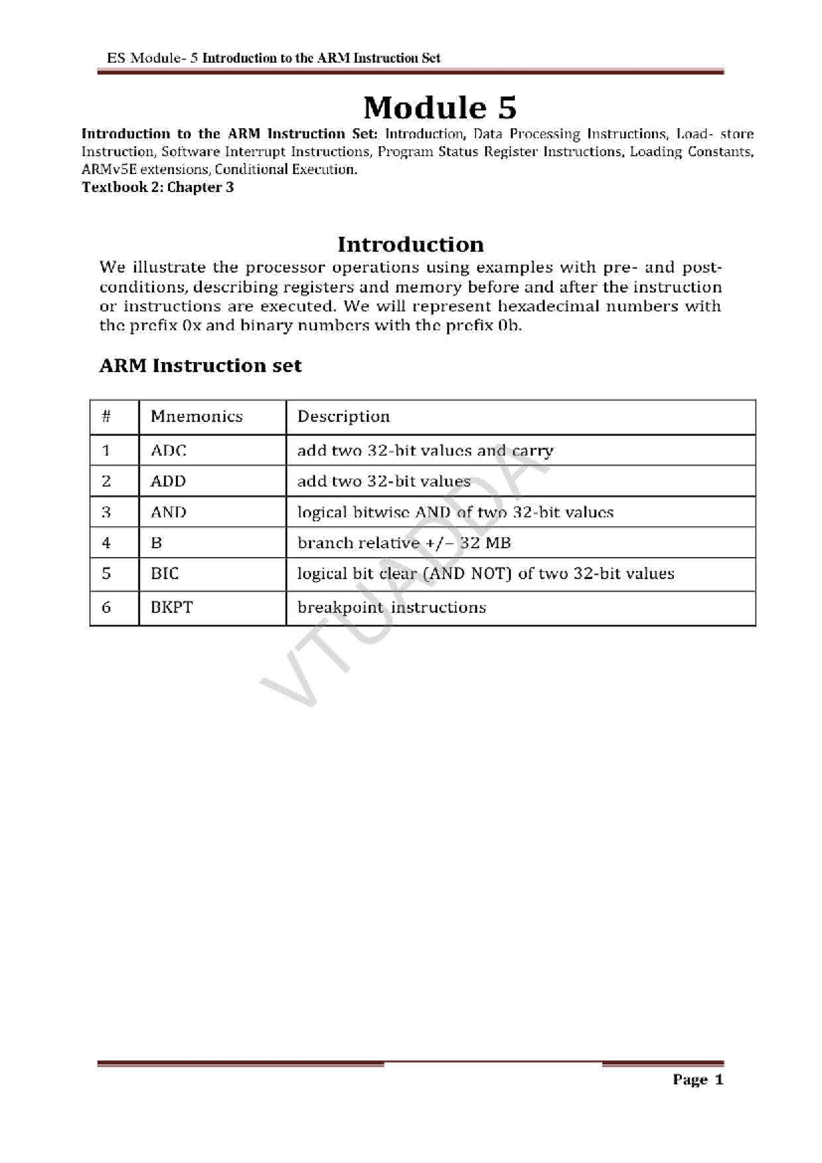 ES 5 Module 5 Notes: Introduction to the ARM Instruction Set - Studocu
