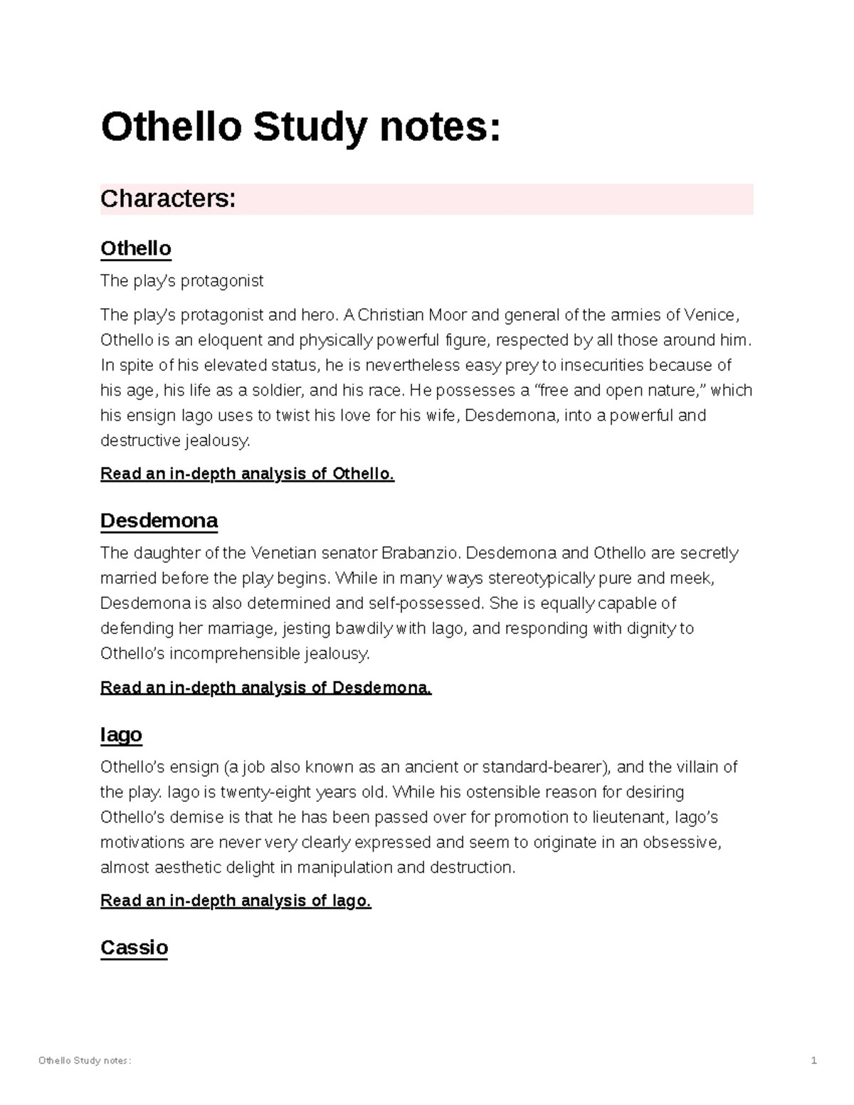 Othello Study notes - Othello Study notes: Characters: Othello The play ...
