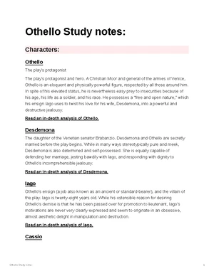 Othello Study notes - Othello Study notes: Characters: Othello The play ...