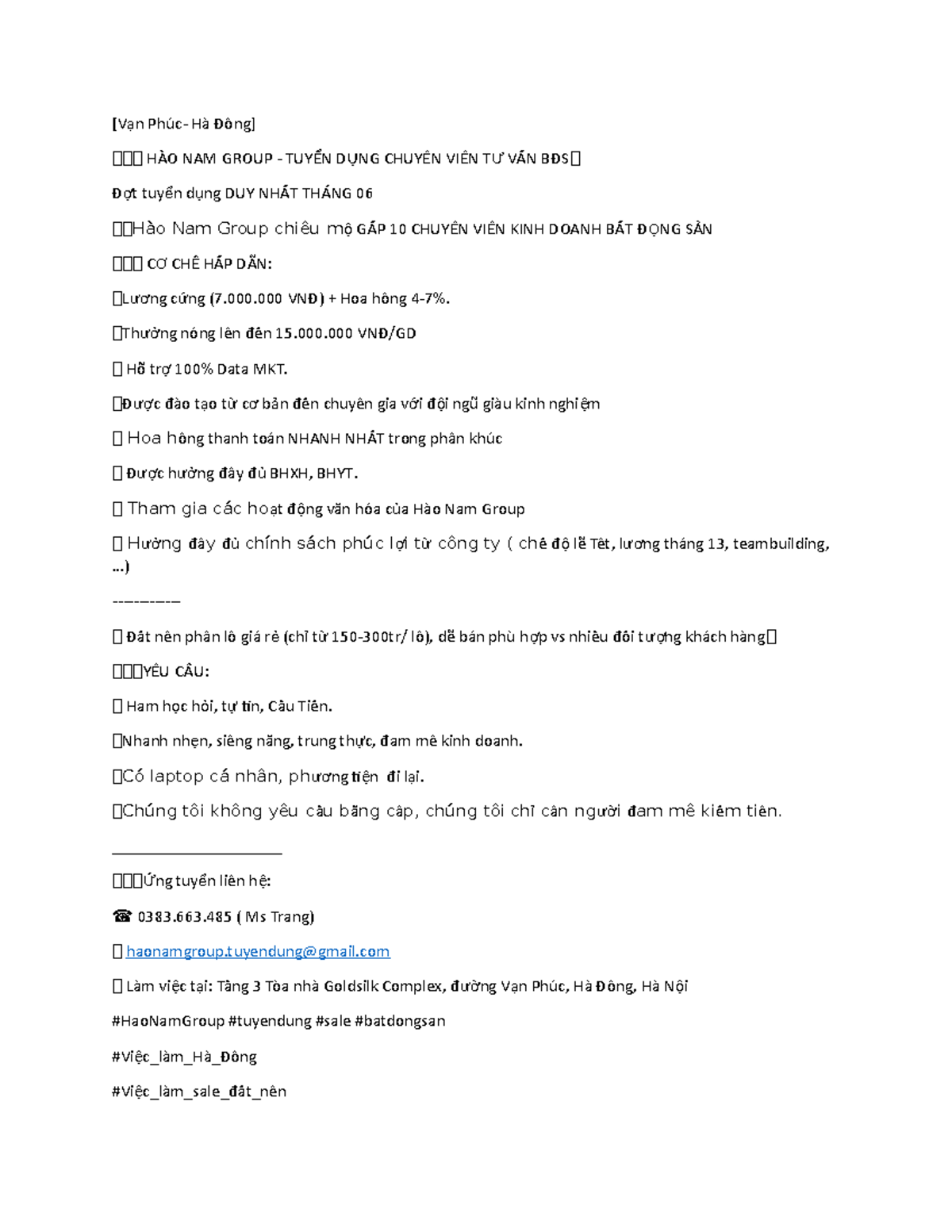 Content TD - [V n Phúc- Hà Đông]ạ 🔥🔥🔥 HÀO NAM GROUP - TUY N D NG CHUYÊN VIÊN T VẤẤN BĐSỂỤƯ 🔥 Đ t ...