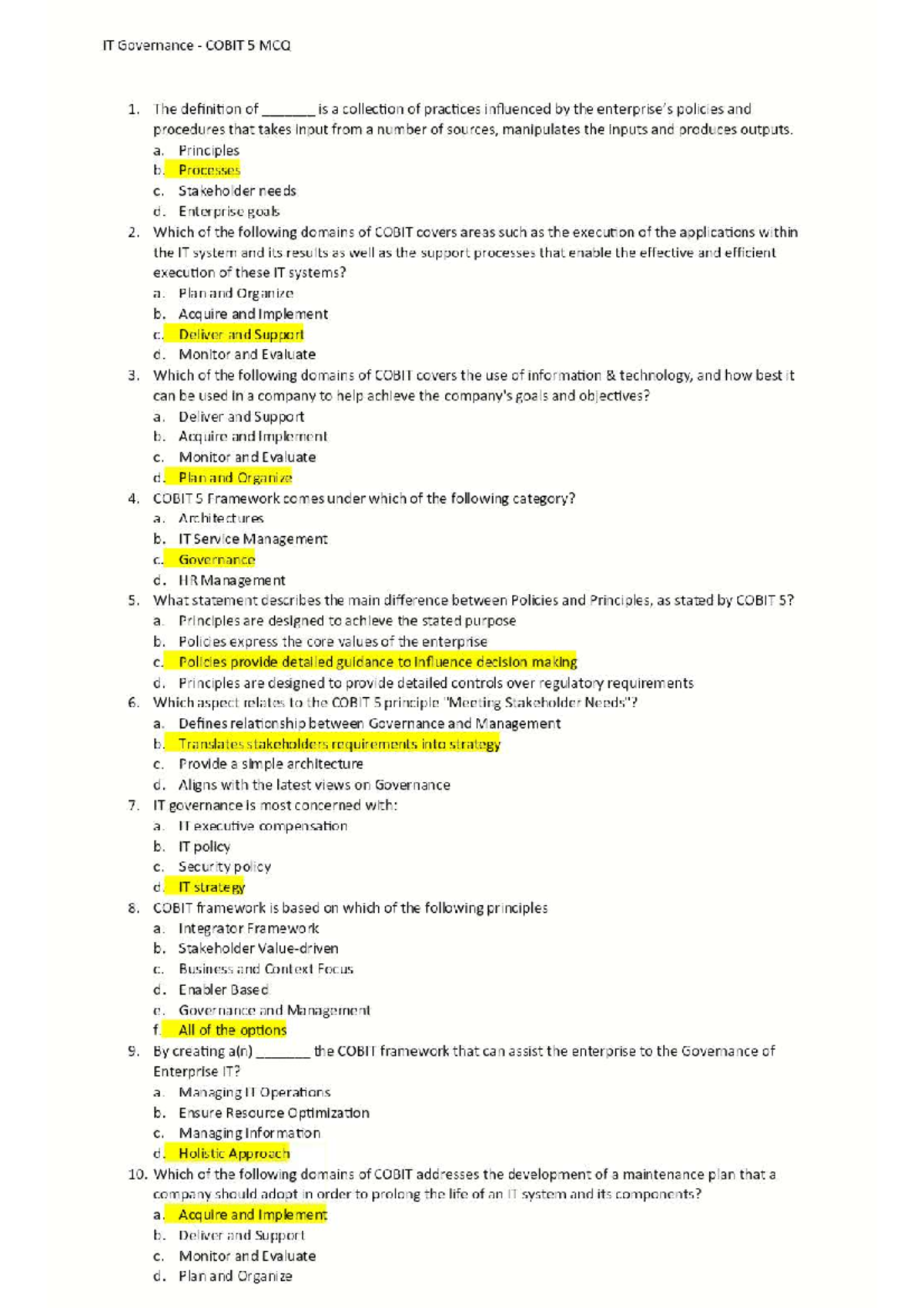 IT Governance COBIT 5 MCQ Review - Chapter 5 - Studocu