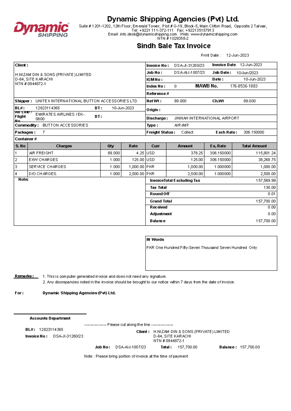 AIR Import Invoice DSA-JI-31260 for H.Nizam Din & Sons - Jun '23 - Studocu