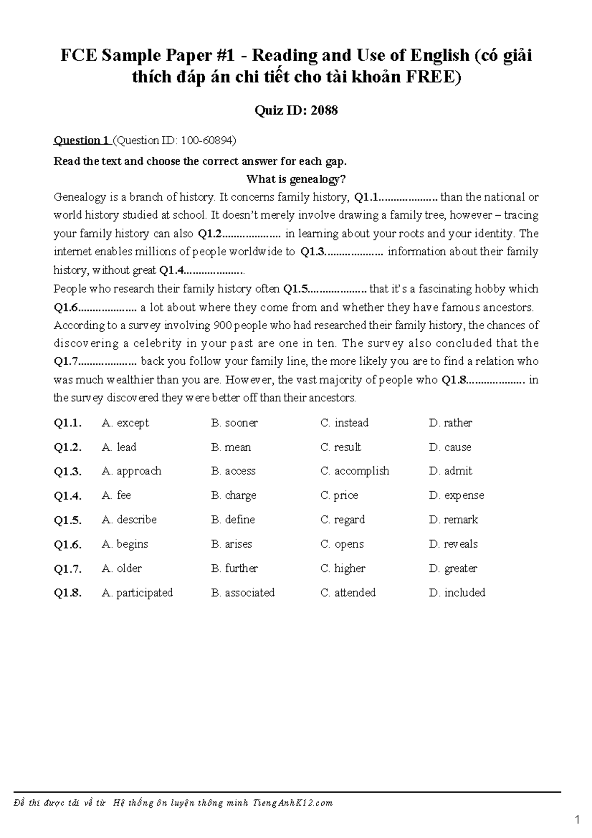 FCE Sample Paper 1: Reading & Use of English Quiz ID 2088 - Studocu