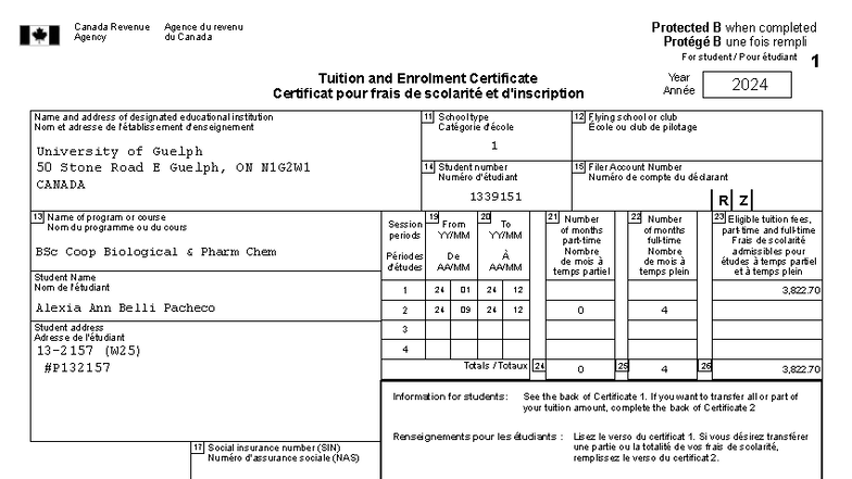 Tuition and Enrolment Certificate T2202 (24) - Canada Revenue Agency ...