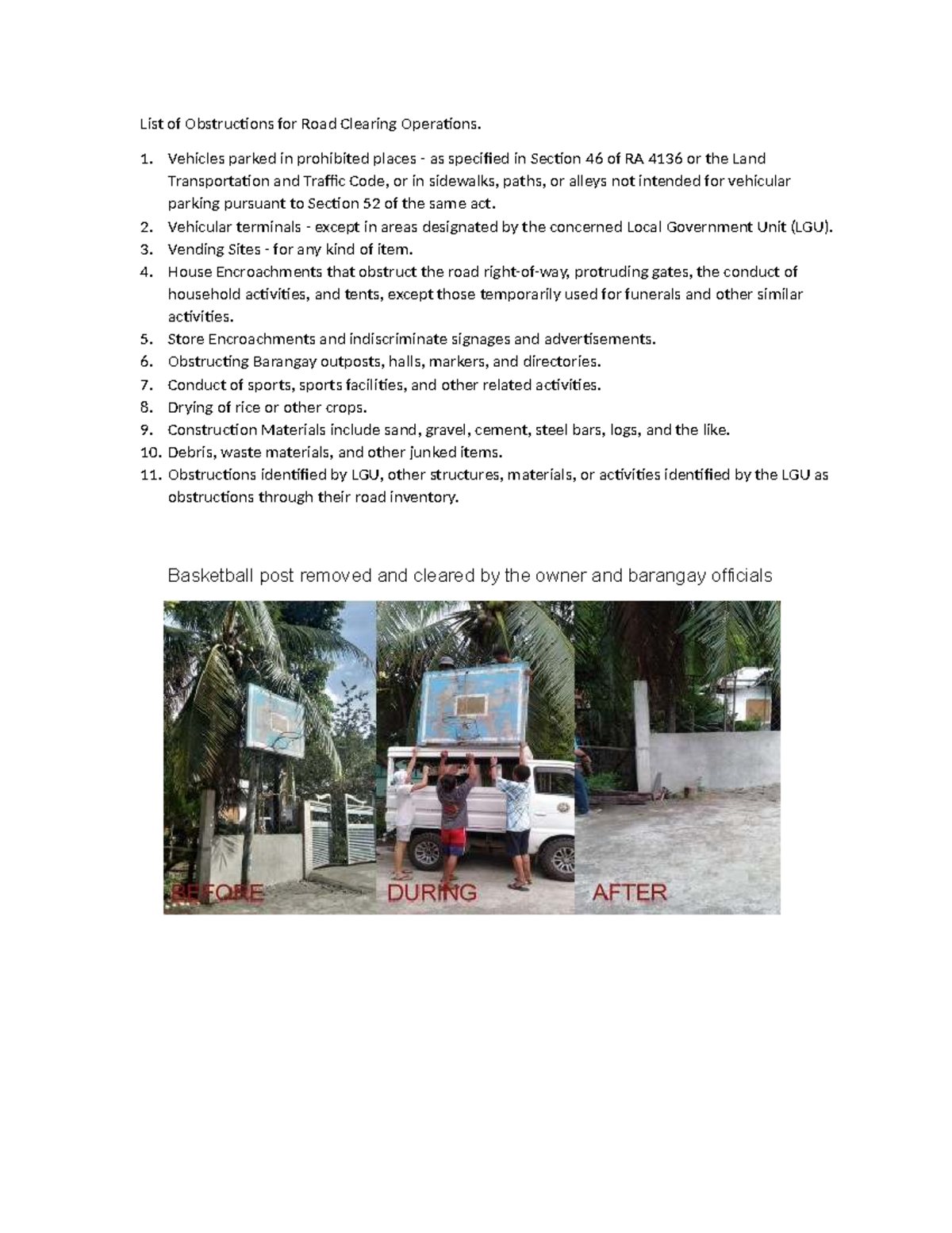 List of Obstructions for Road Clearing Ops (RA 4136) - Studocu