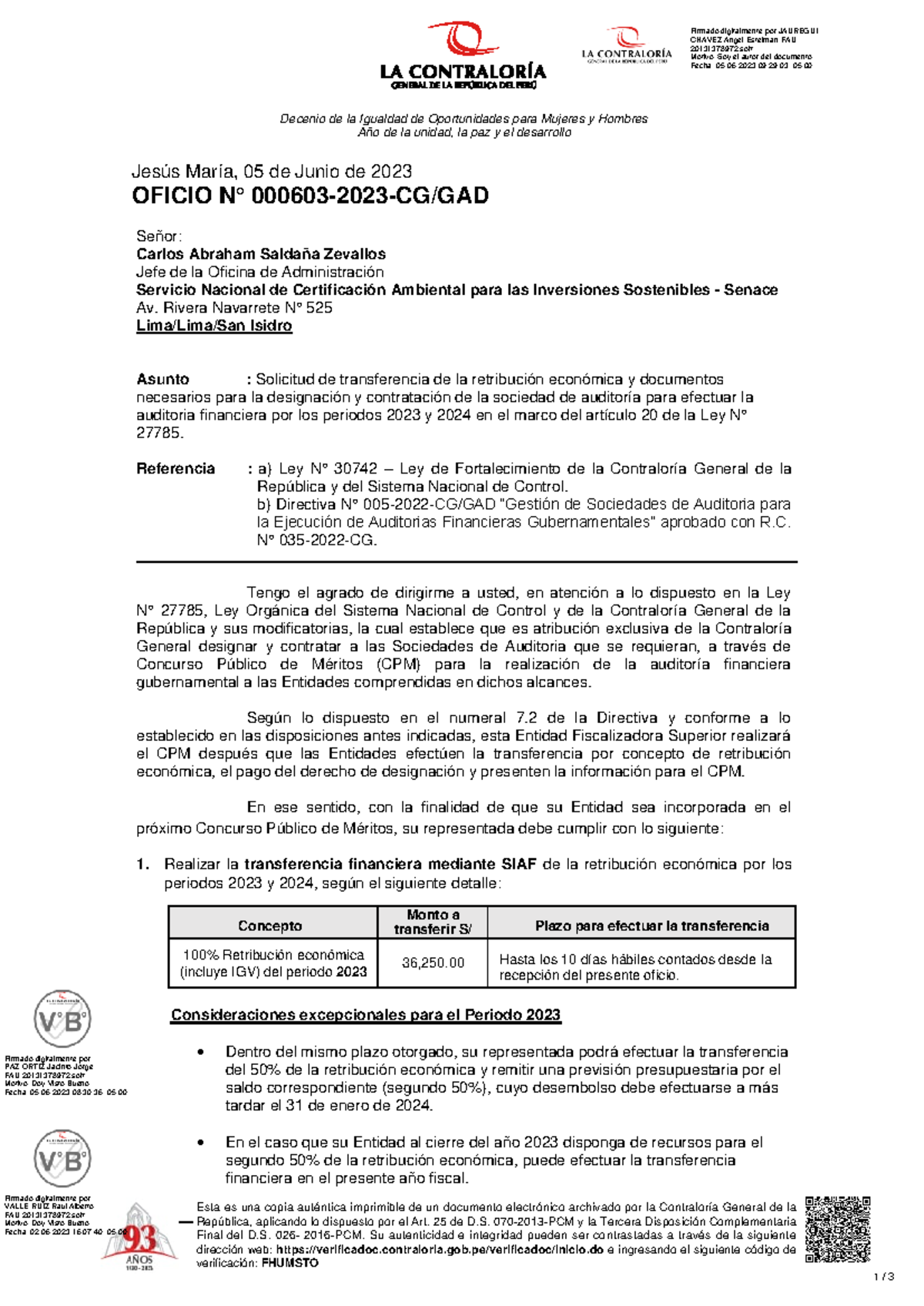 Oficio 603- CGR - oci - Jr. Camilo Carrillo 114 - Jesús María Lima 11 ...