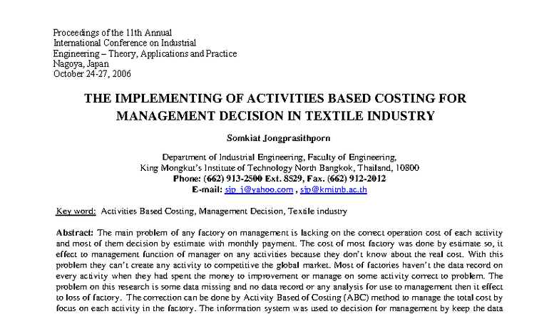 Implementing Activity Based Costing for Management Decisions in Textile ...