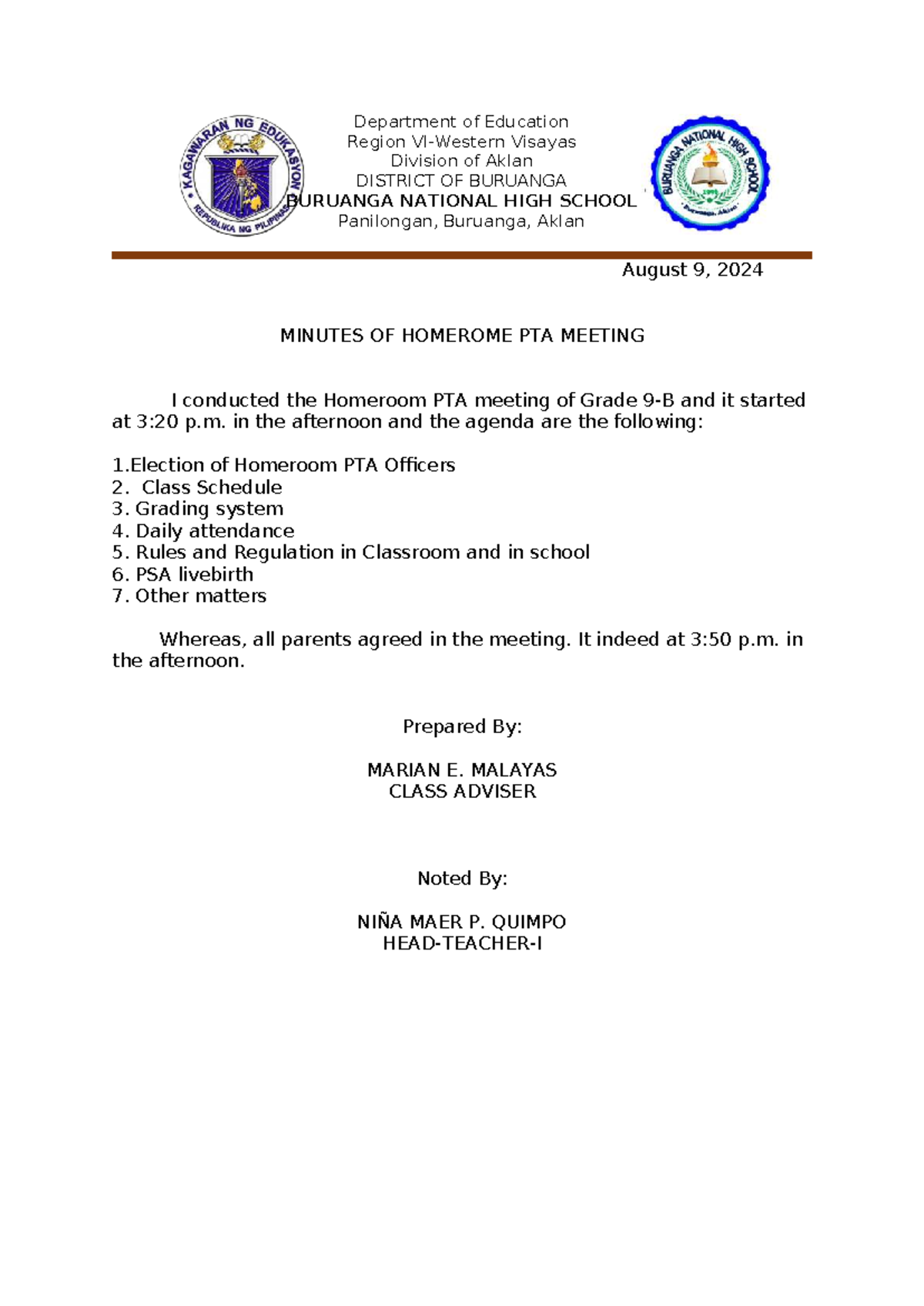 Grade 8 Homeroom PTA Meeting Minutes SY 2024-2025 - Studocu