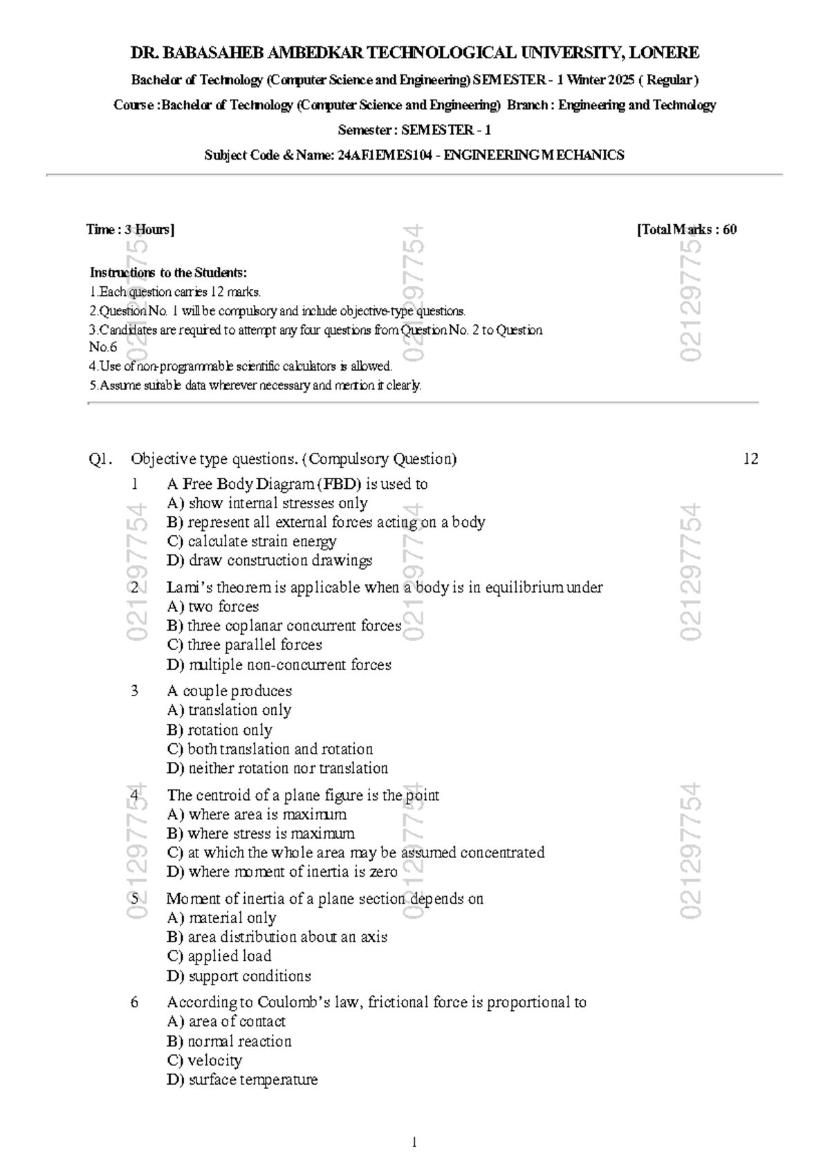 Engineering Mechanics 24AF1EMES104 - Winter 2025 Regular Exam - Studocu