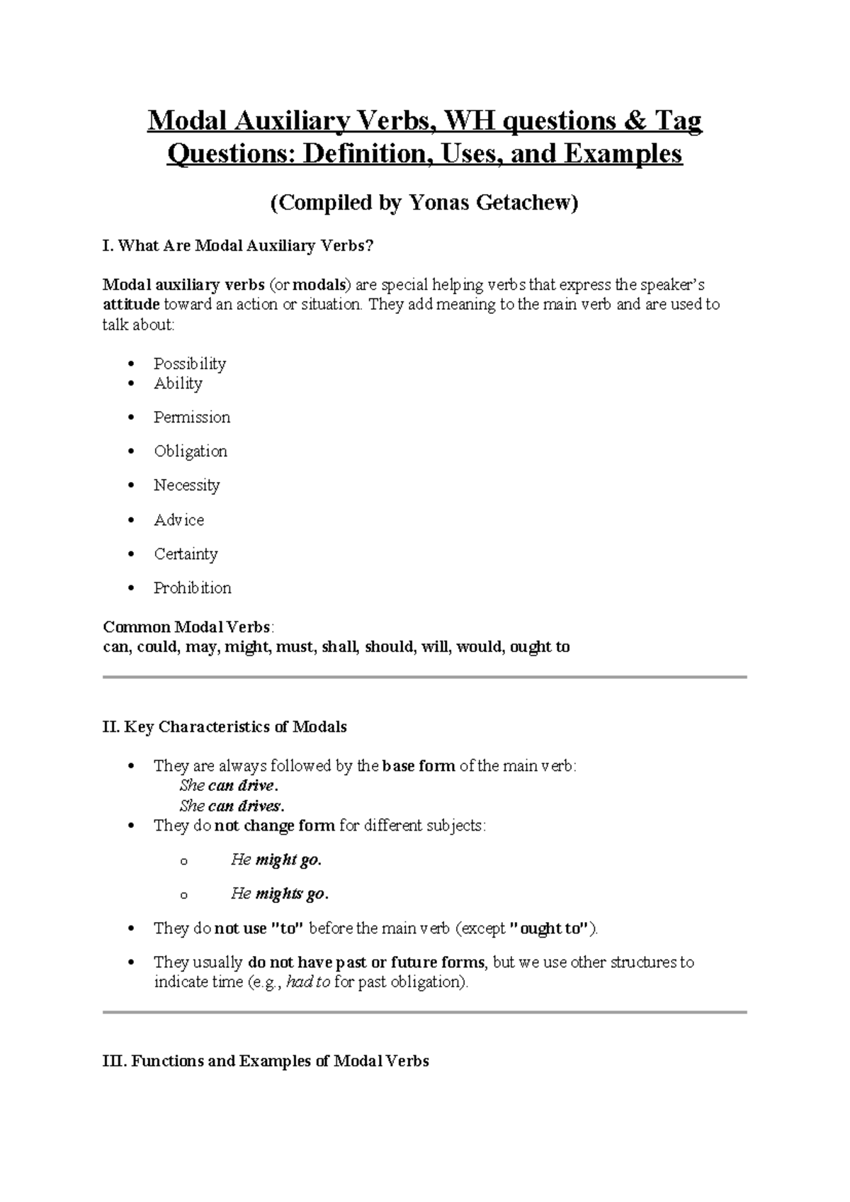 Notes on Modal Aux. Verbs, WH Questions & Tag Questions (ENG 101) - Studocu